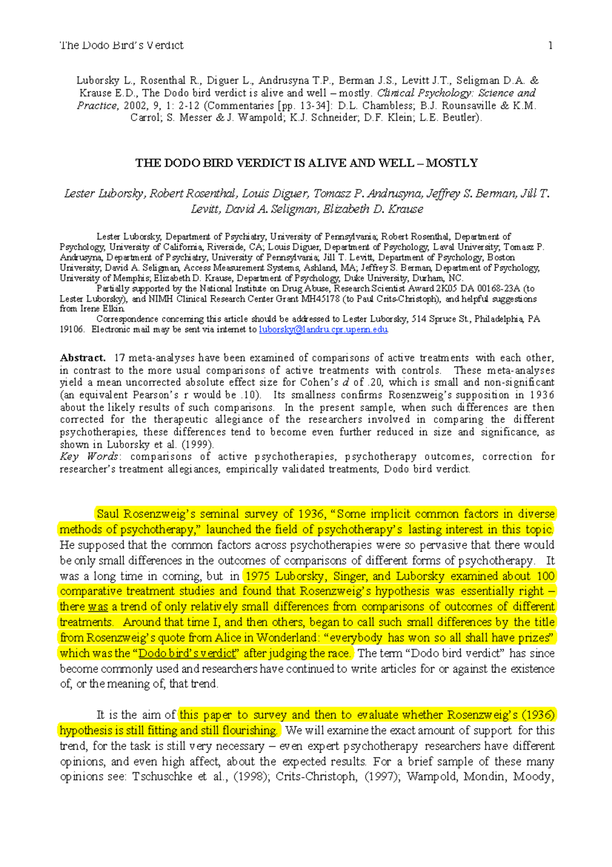 Dodo Bird Verdict - Luborsky L., Rosenthal R., Diguer L., Andrusyna T ...