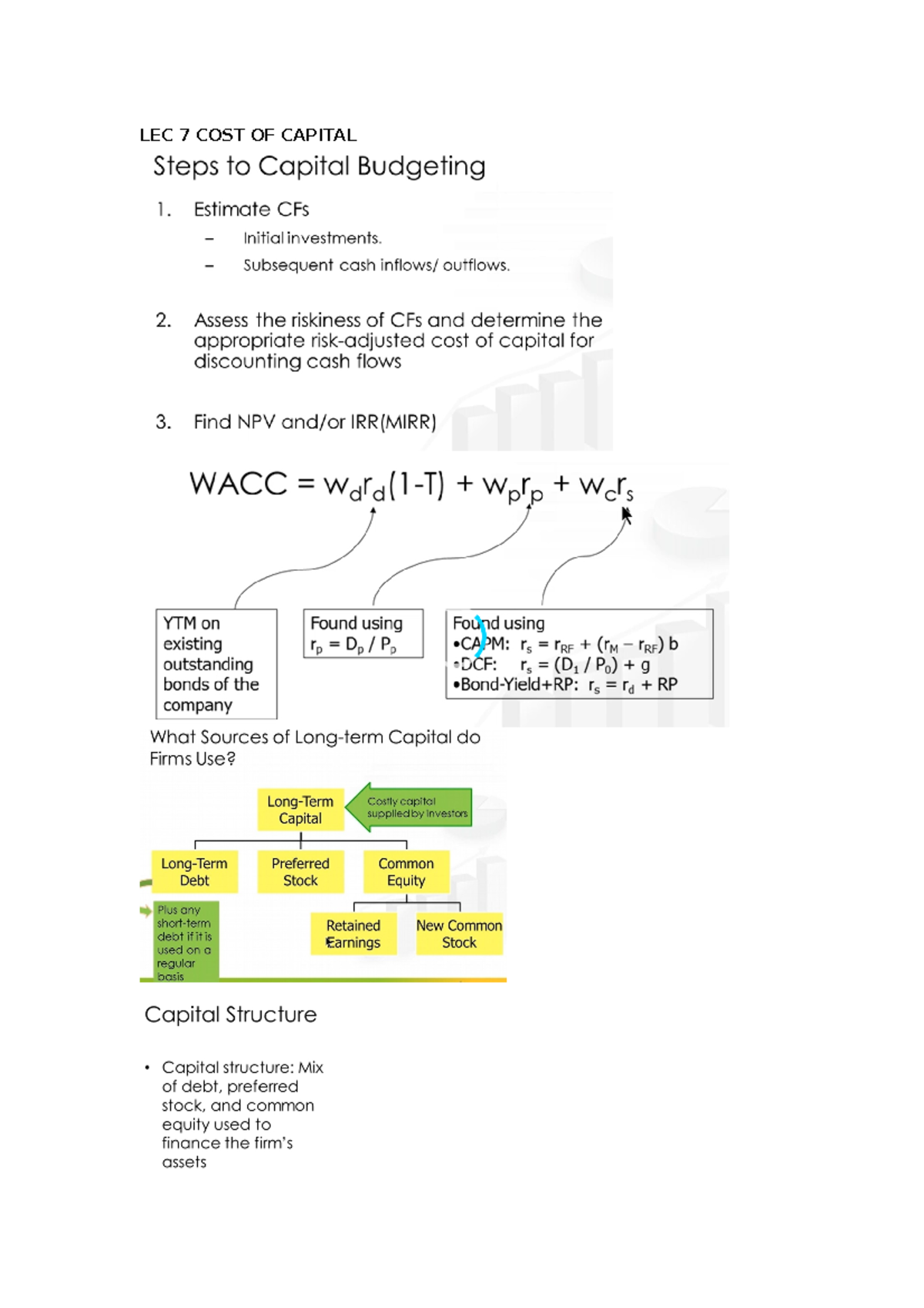 FM note - summaries for finals - LEC 7 COST OF CAPITAL W is the capital ...
