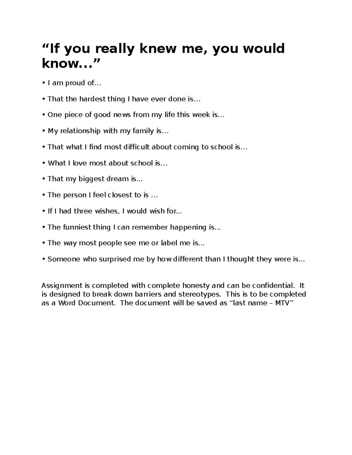 If you really knew me activity - “If you really knew me, you would know ...