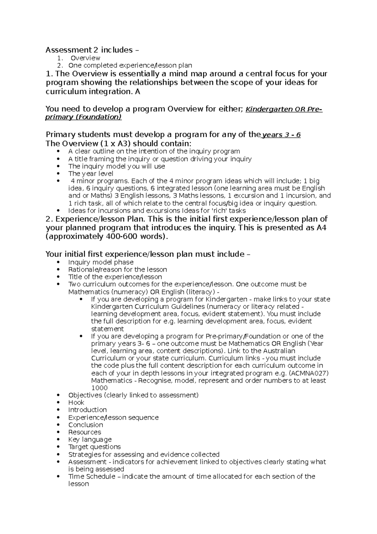 A2 curriculum note - Assessment 2 includes – Overview One completed ...