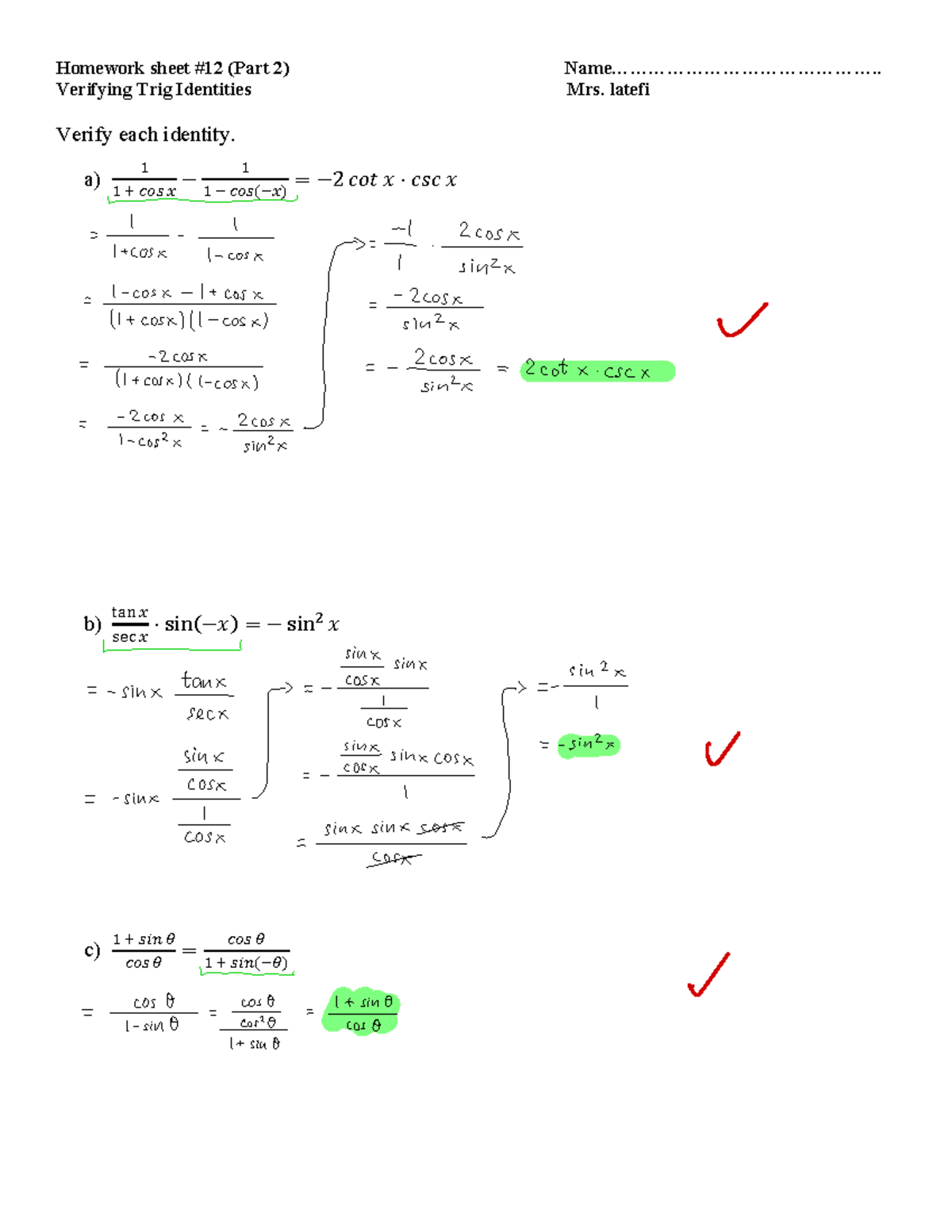HW 12-B - HW KEY FOR COLLEGE TRIGONOMETRY - Verifying Trig Identities ...