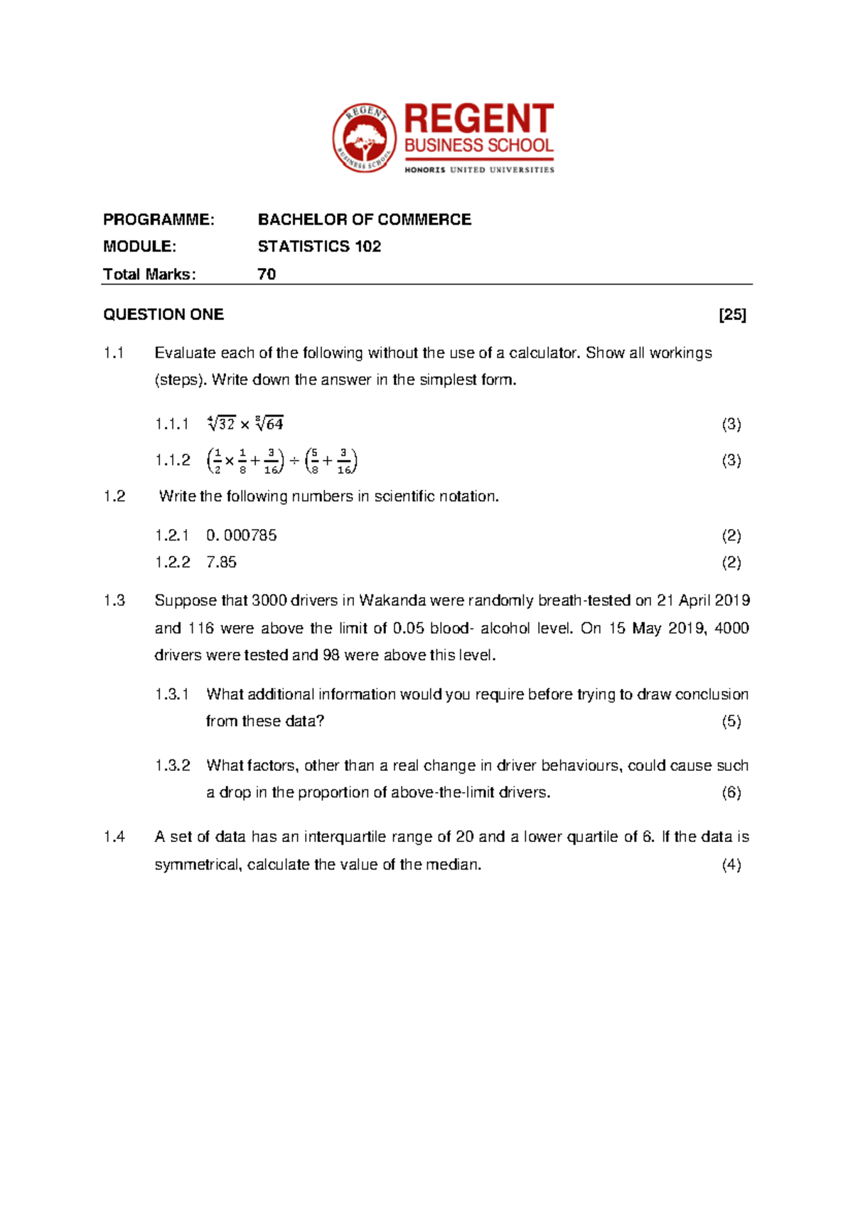 BCOM STA1000 Jan 2024 S1 Assignment - PROGRAMME: BACHELOR OF COMMERCE MODULE: STATISTICS 102 ...