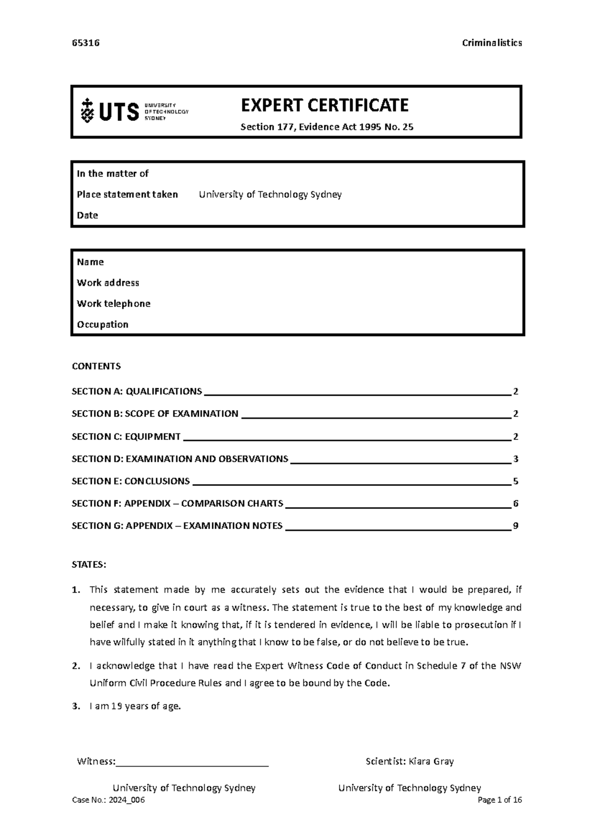 Toolmark Expert Certificate - EXPERT CERTIFICATE Section 177, Evidence ...