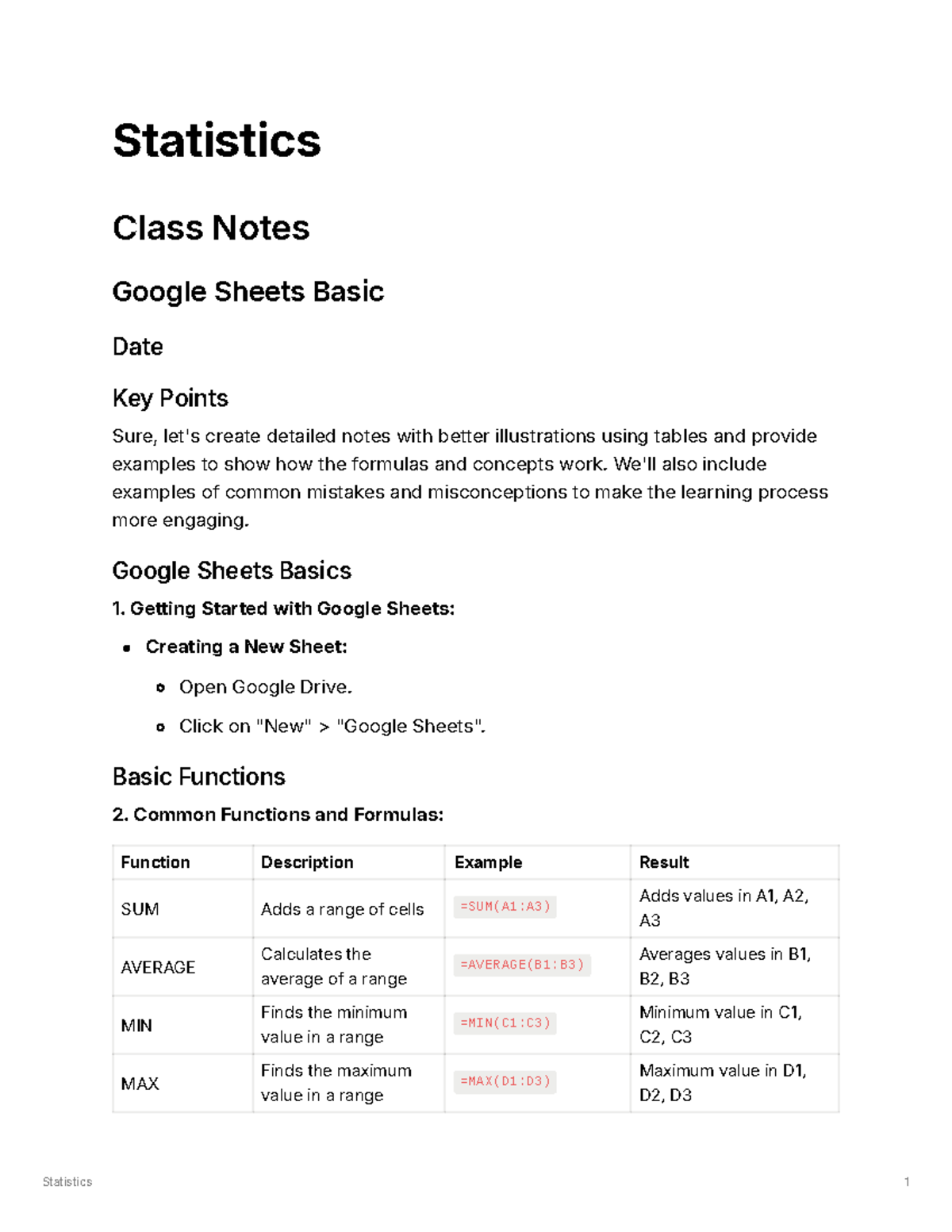 Week 1 basic google sheet - Statistics Class Notes Google Sheets Basic ...
