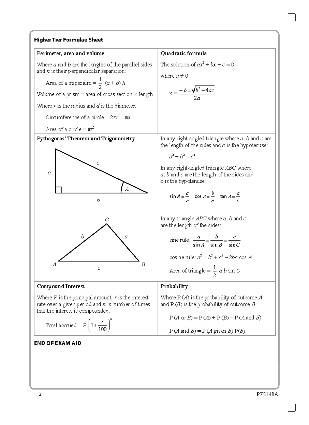 Maths formula sheet - 2 P75148A W73375A 2 Higher Tier Formulae Sheet ...
