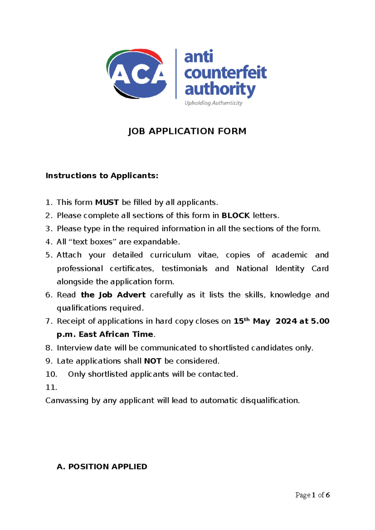 Job Application Form April 2024 ACA - JOB APPLICATION FORM Instructions ...