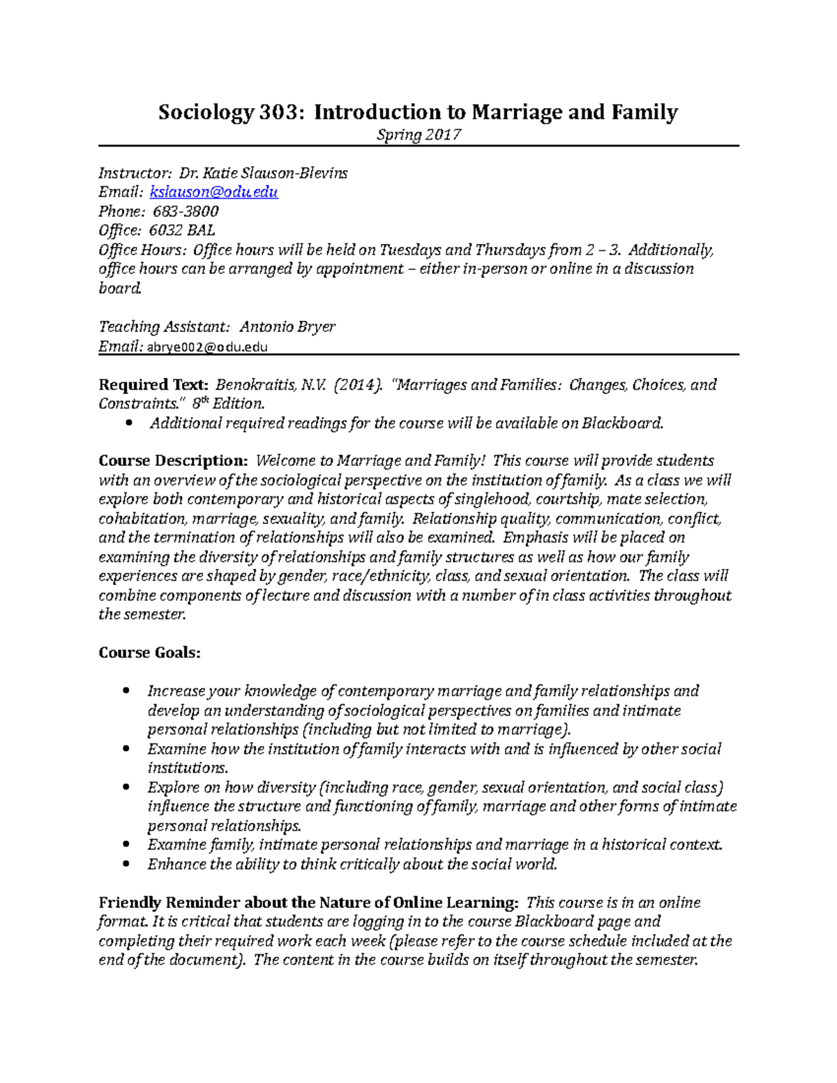 Marriage and Family Syllabus, Spring 2017 - Sociology 303: Introduction ...