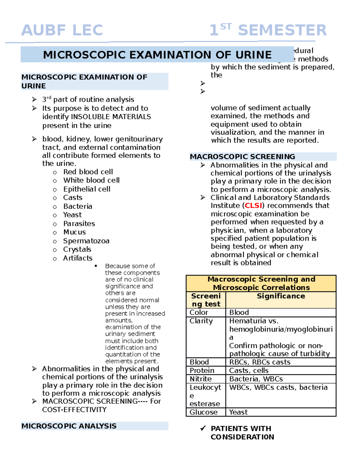 Microscopic Examination OF Urine - AUBF LEC 1 SEMESTER MICROSCOPIC ...