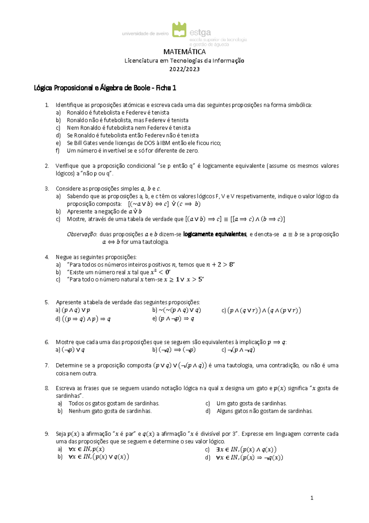 Ficha 1 Logica Proposicional - 1 MATEM¡TICA Licenciatura em Tecnologias da InformaÁ„o 2022 ...