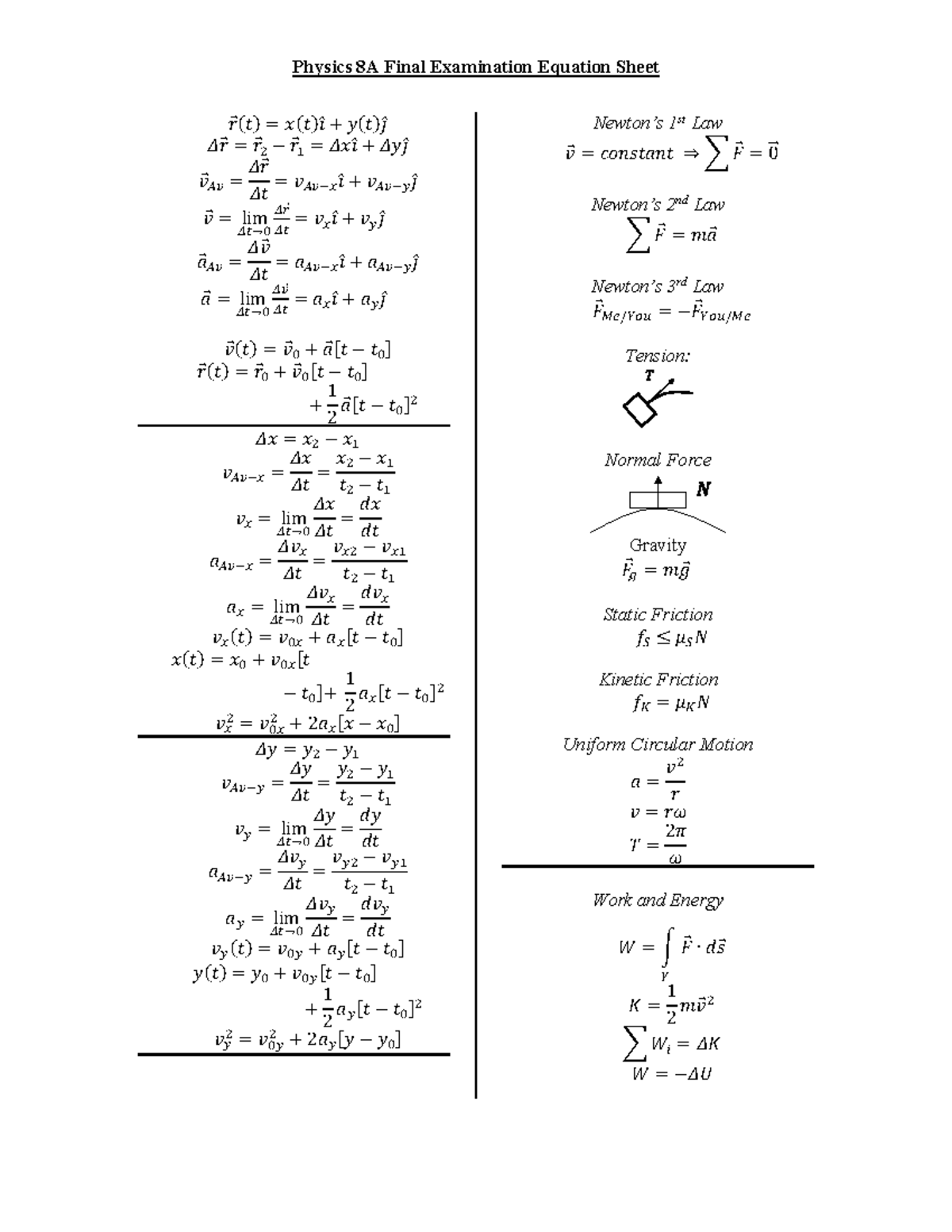 Draft-Phys8A-Final Exam-Equation sheet - Physics 8A Final Examination ...