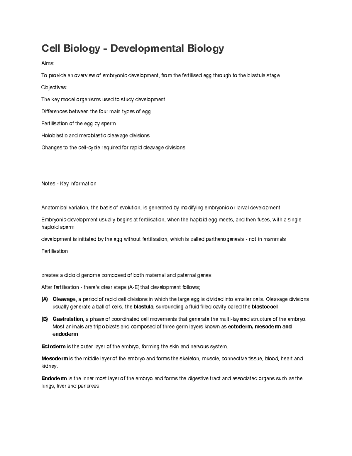 Cell Biology UCL Notes - Cell Biology - Developmental Biology Aims: To ...
