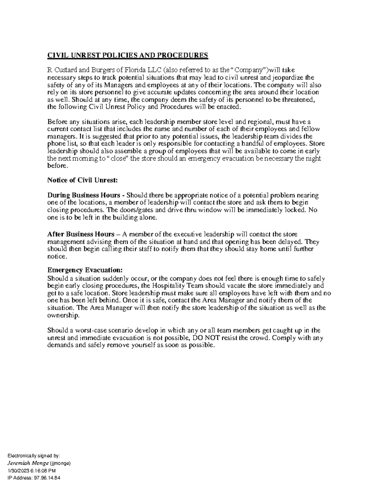 Freddy's Civil Unrest Policy - CIVIL UNREST POLICIES AND PROCEDURES R ...