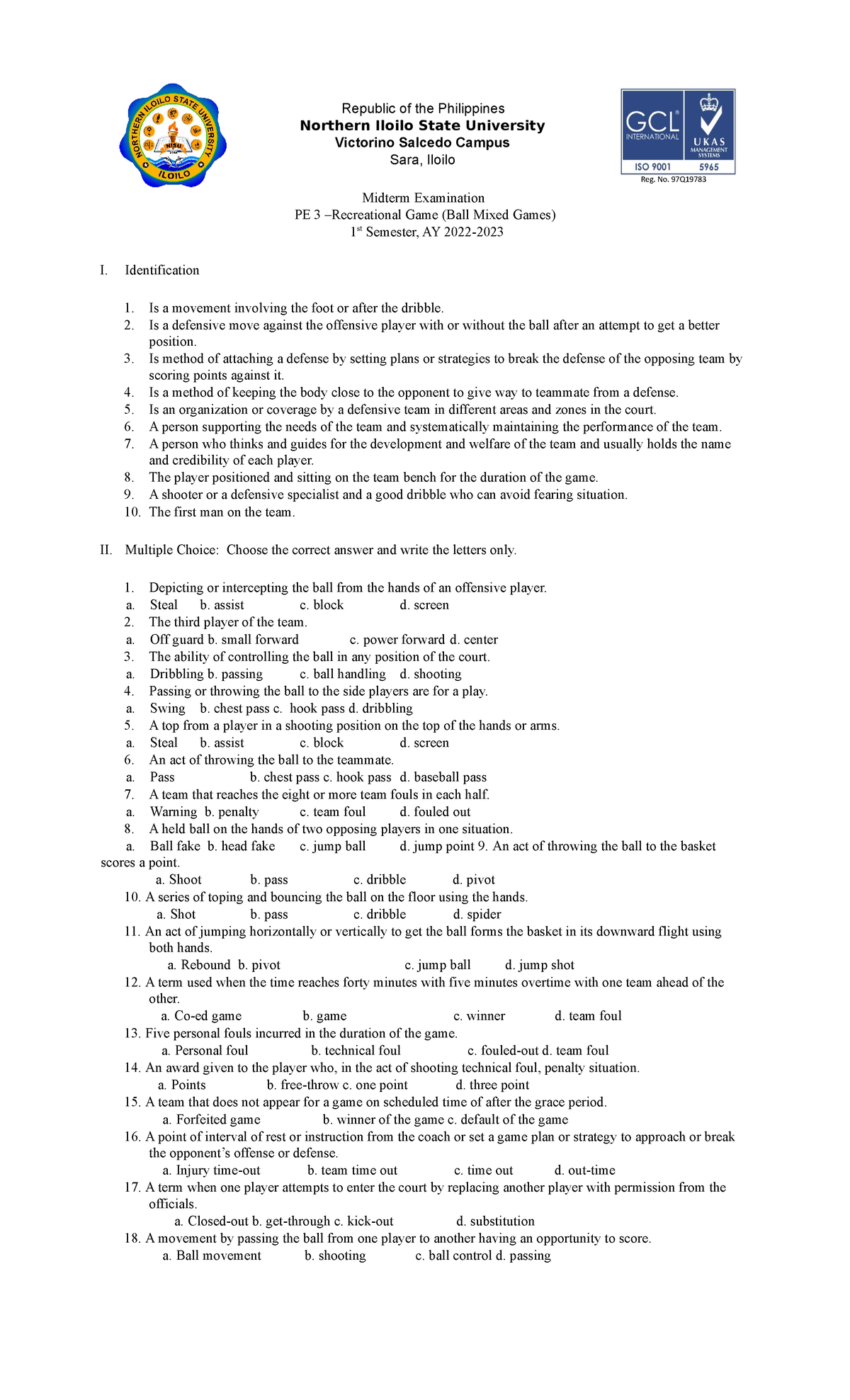 PE 3 midterm 2022 2023 - Republic of the Philippines Northern Iloilo ...