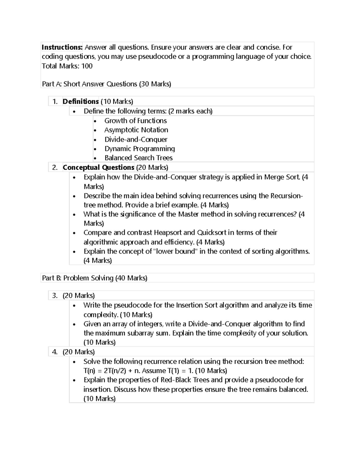Sample midterm algo - Instructions: Answer all questions. Ensure your ...
