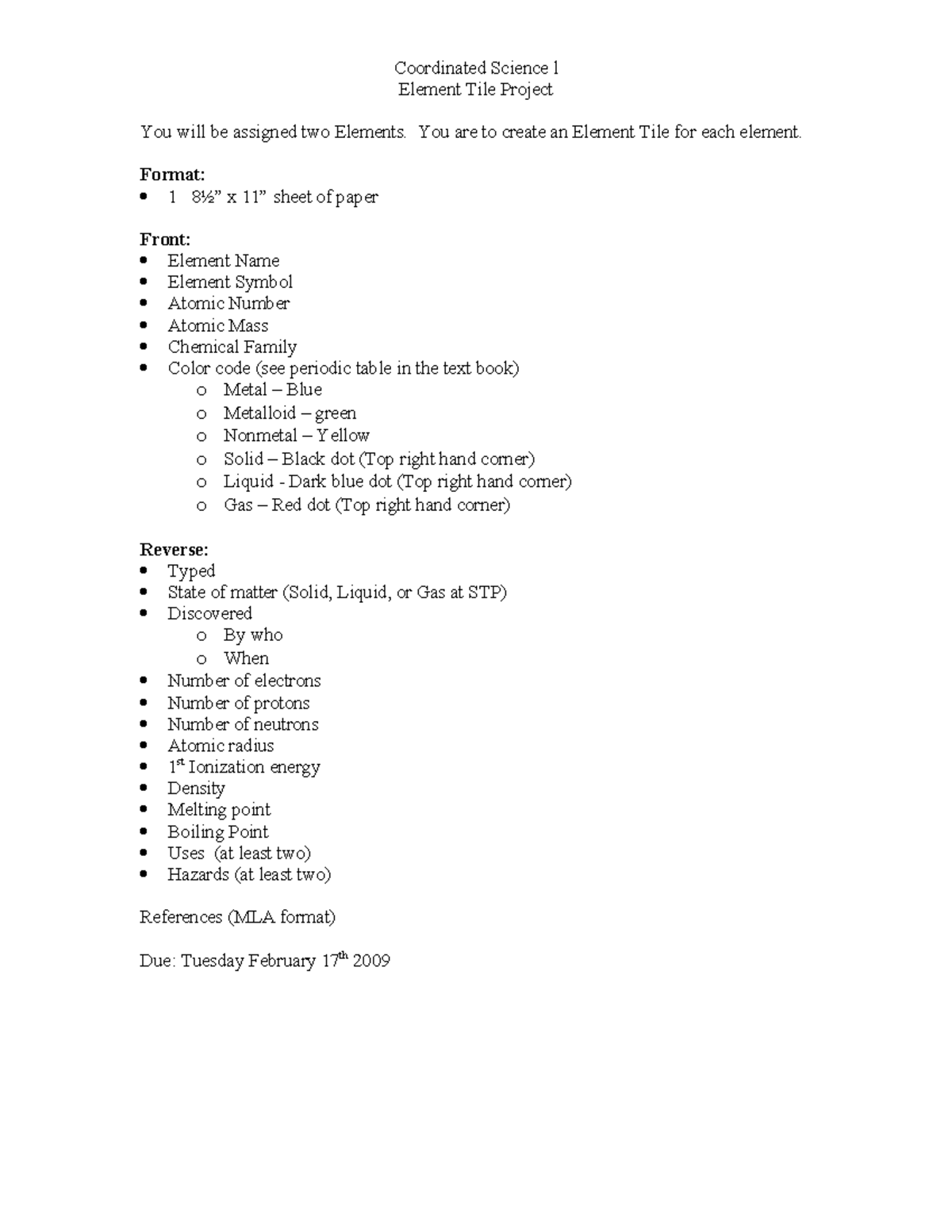Element Tile Project - Coordinated Science l Element Tile Project You ...