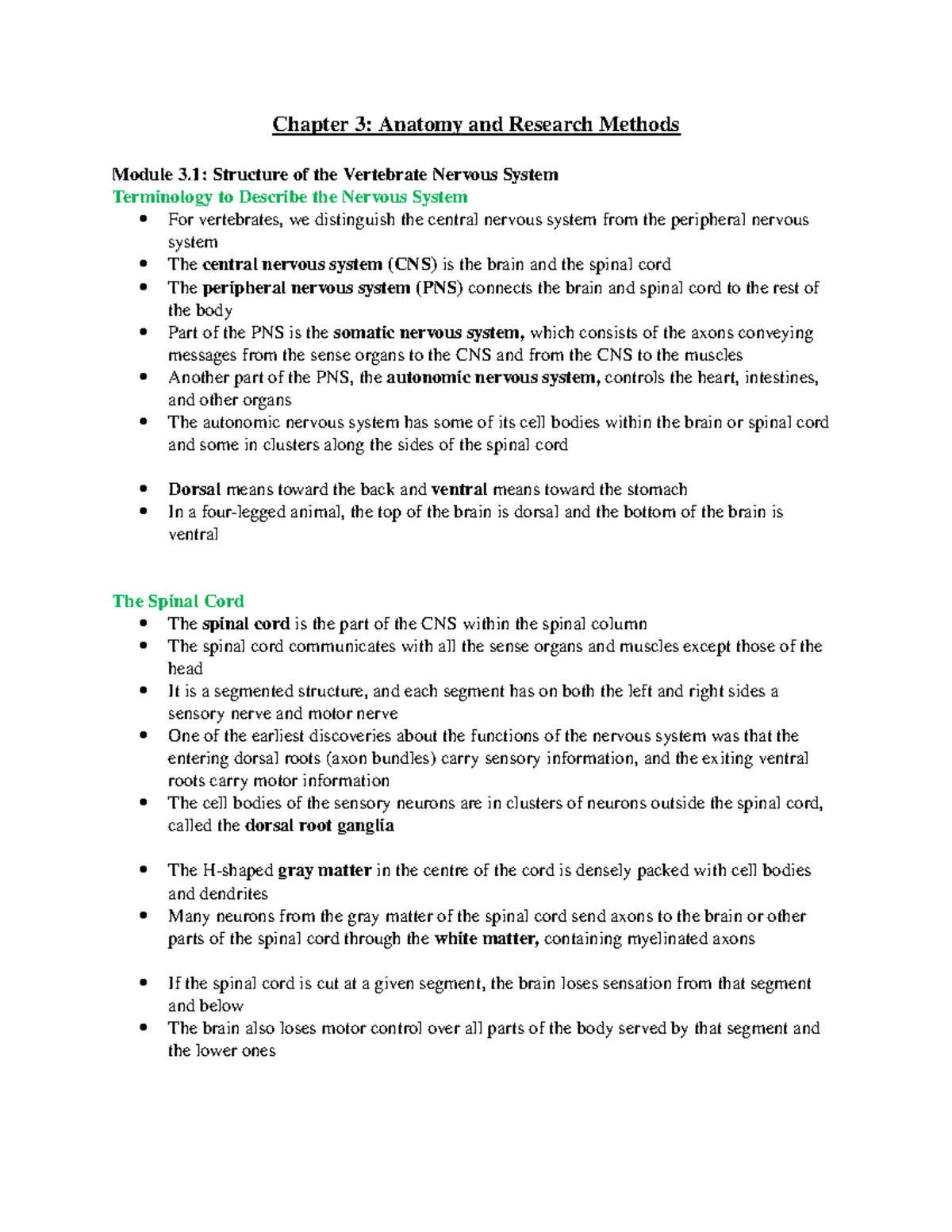 PSY324 chapter 3 - Chapter 3: Anatomy and Research Methods Module 3: Structure of the Vertebrate ...