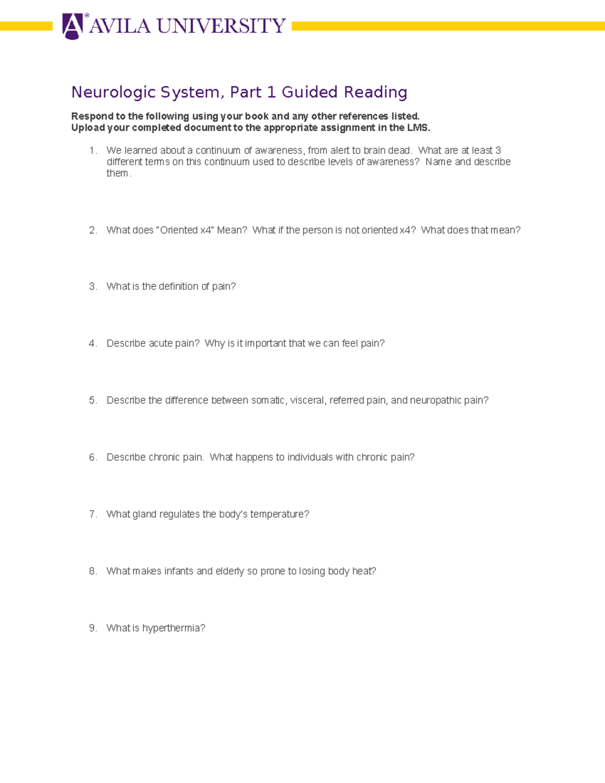 Module 7 - Neurologic System Part 1 Guided Reading - Neurologic System, Part 1 Guided Reading ...