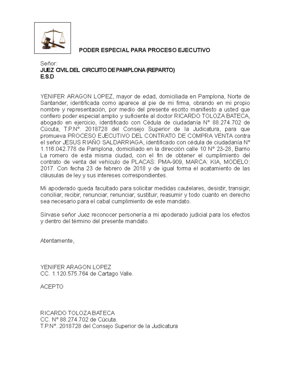 Poder Especial PARA Proceso Ejecutivo - PODER ESPECIAL PARA PROCESO ...