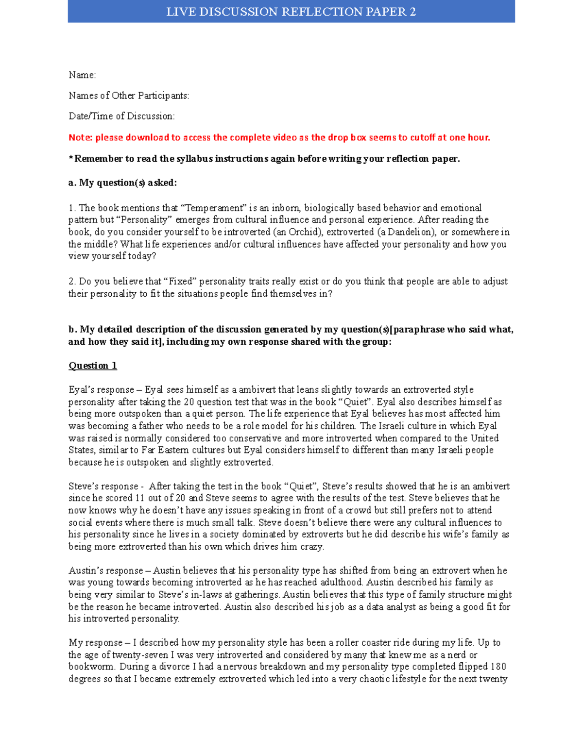 Live Discussion Reflection Paper 2 - Name: Names of Other Participants ...