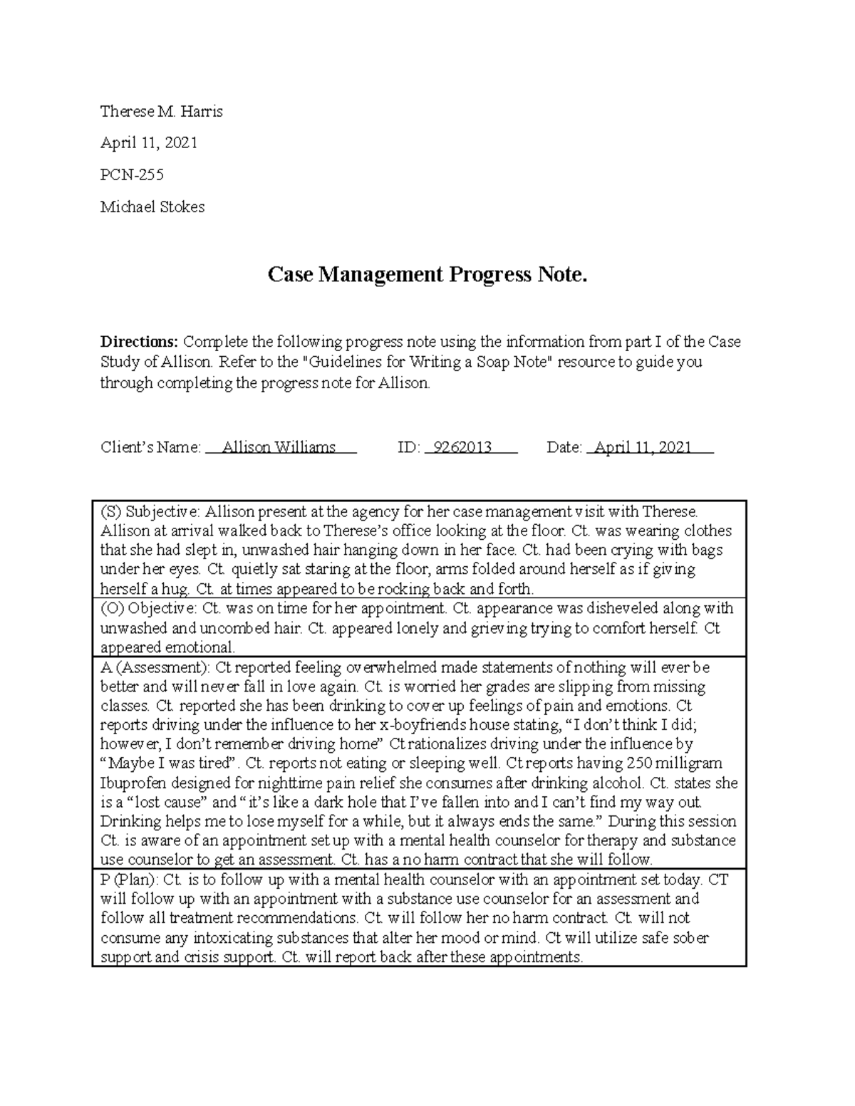 Case Management Progress Note ( Therese) - Therese M. Harris April 11 ...