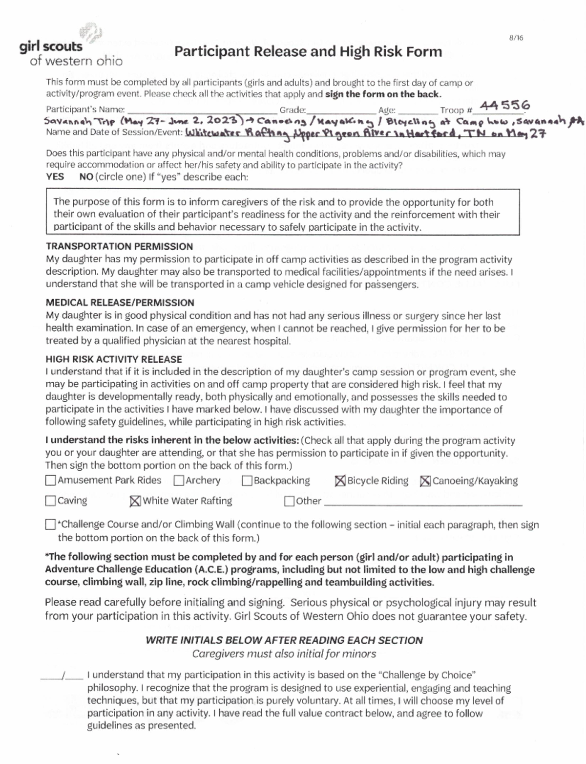 GS Troop 44556 Savannah Trip High Risk Form 1of2 May2023 - ADM 162 ...