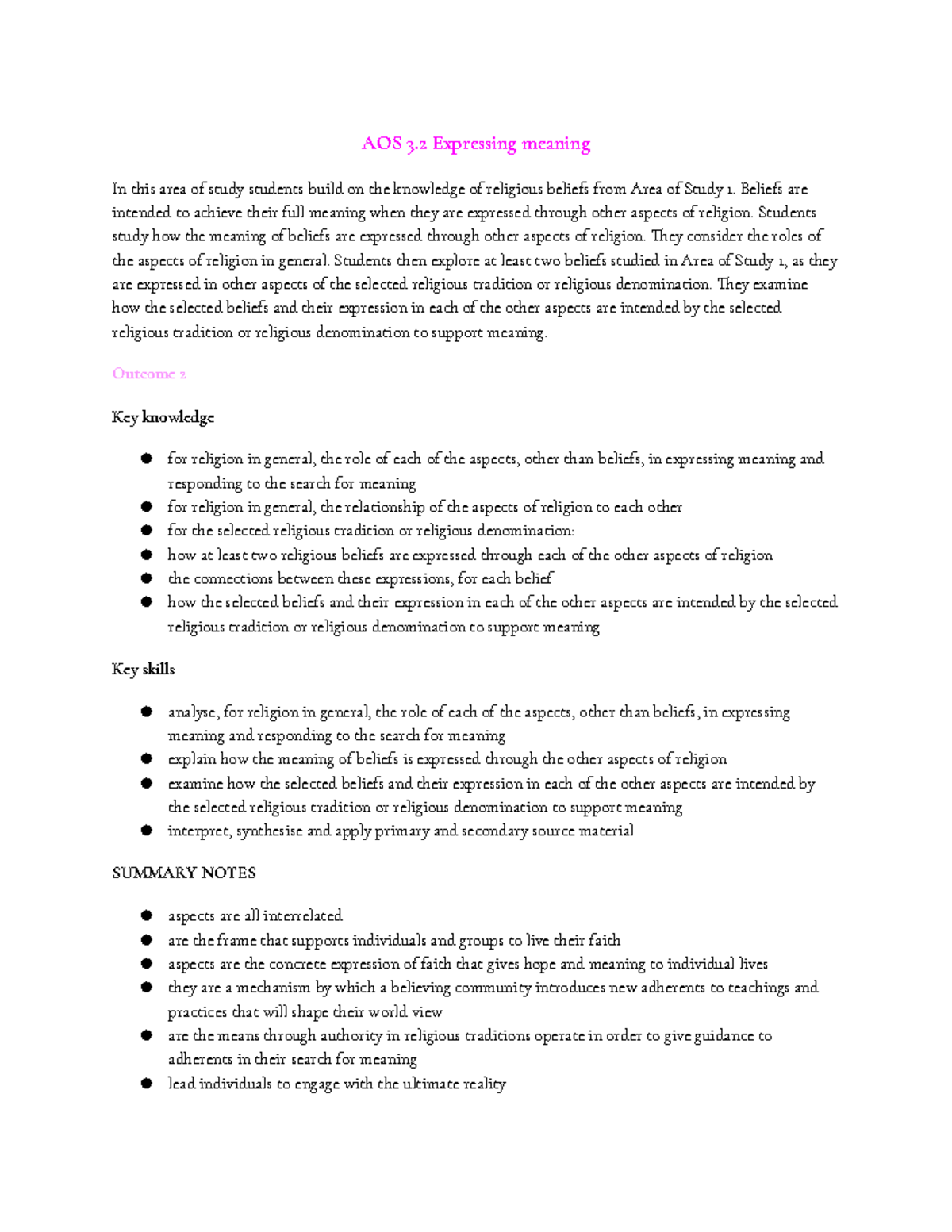 Religion UNIT 3 Summary Notes - AOS 3 Expressing meaning In this area ...