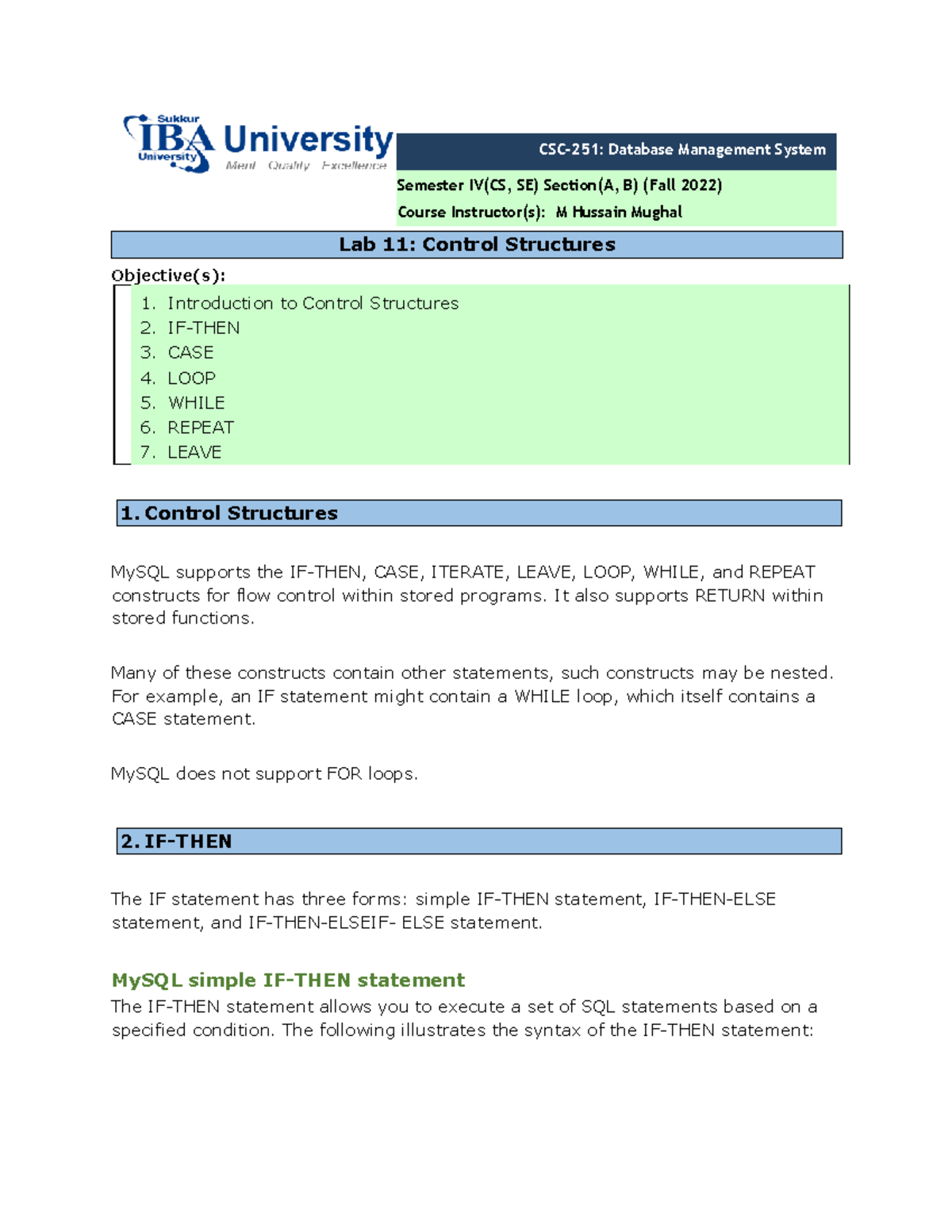 Lab 11 - ASSIGNMENT - 1. Control Structures 2. IF-THEN Objective(s ...