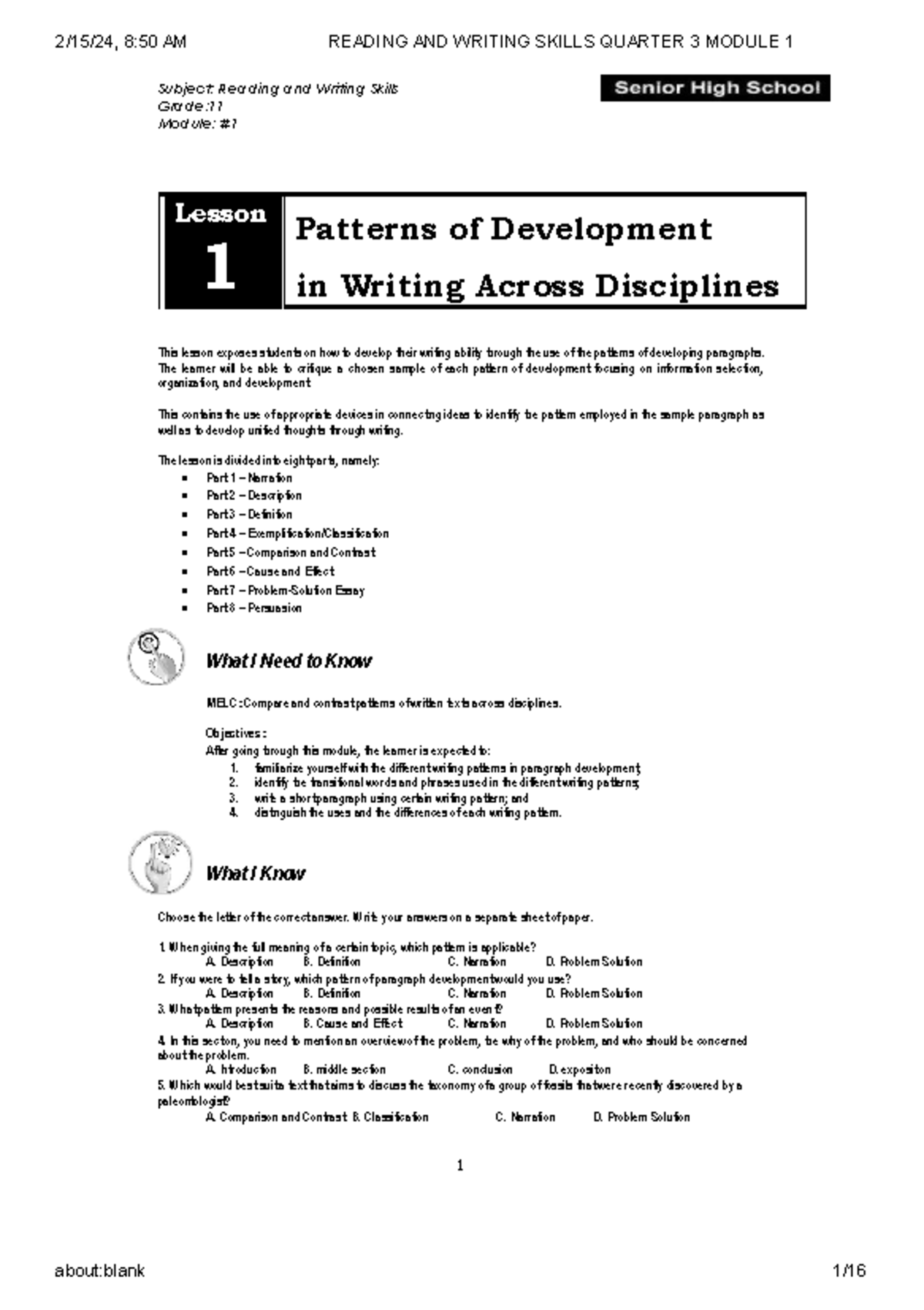 Reading AND Writing Skills Quarter 3 Module 1 - Subject: Reading and Writing Skills Grade: 11 ...