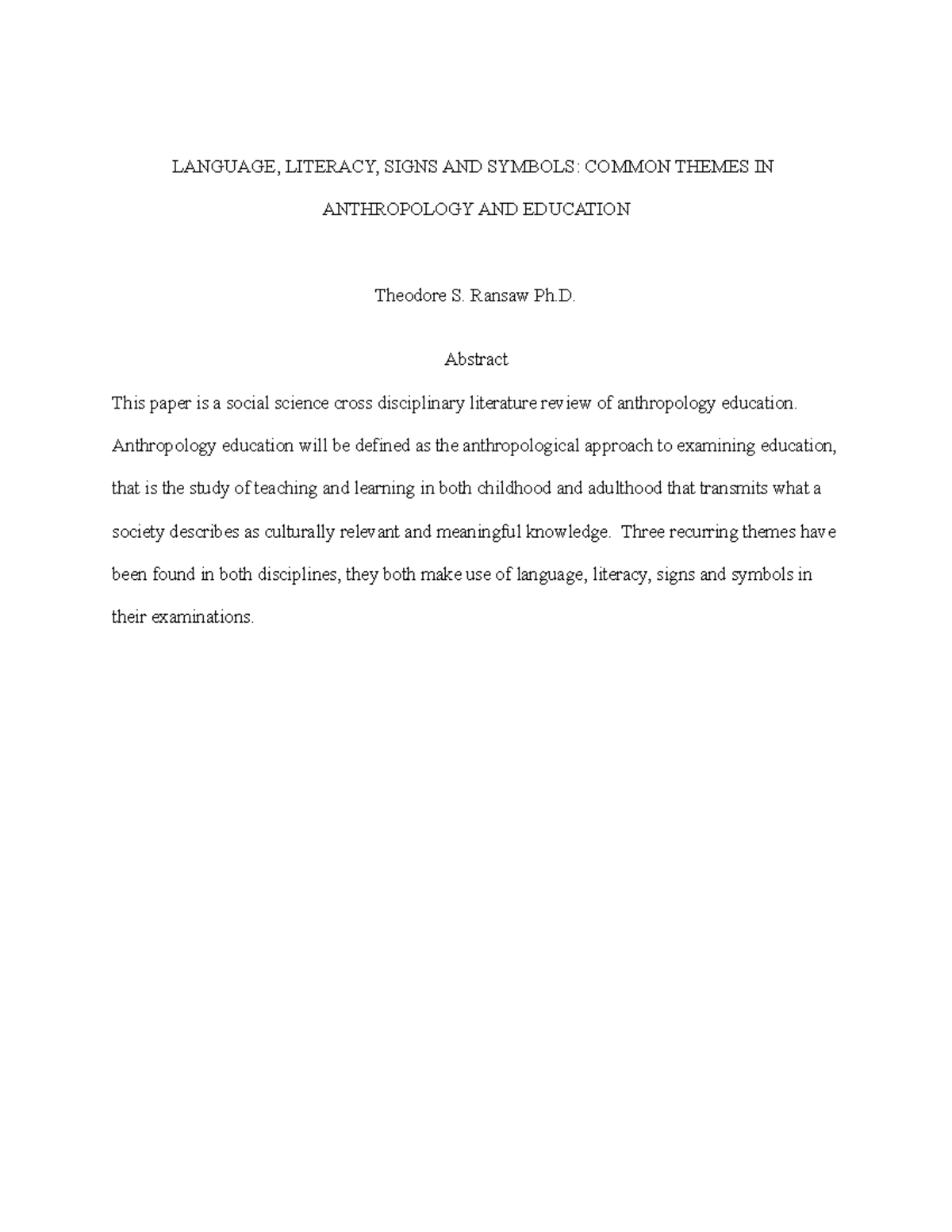 Anthropology Education - LANGUAGE, LITERACY, SIGNS AND SYMBOLS: COMMON ...