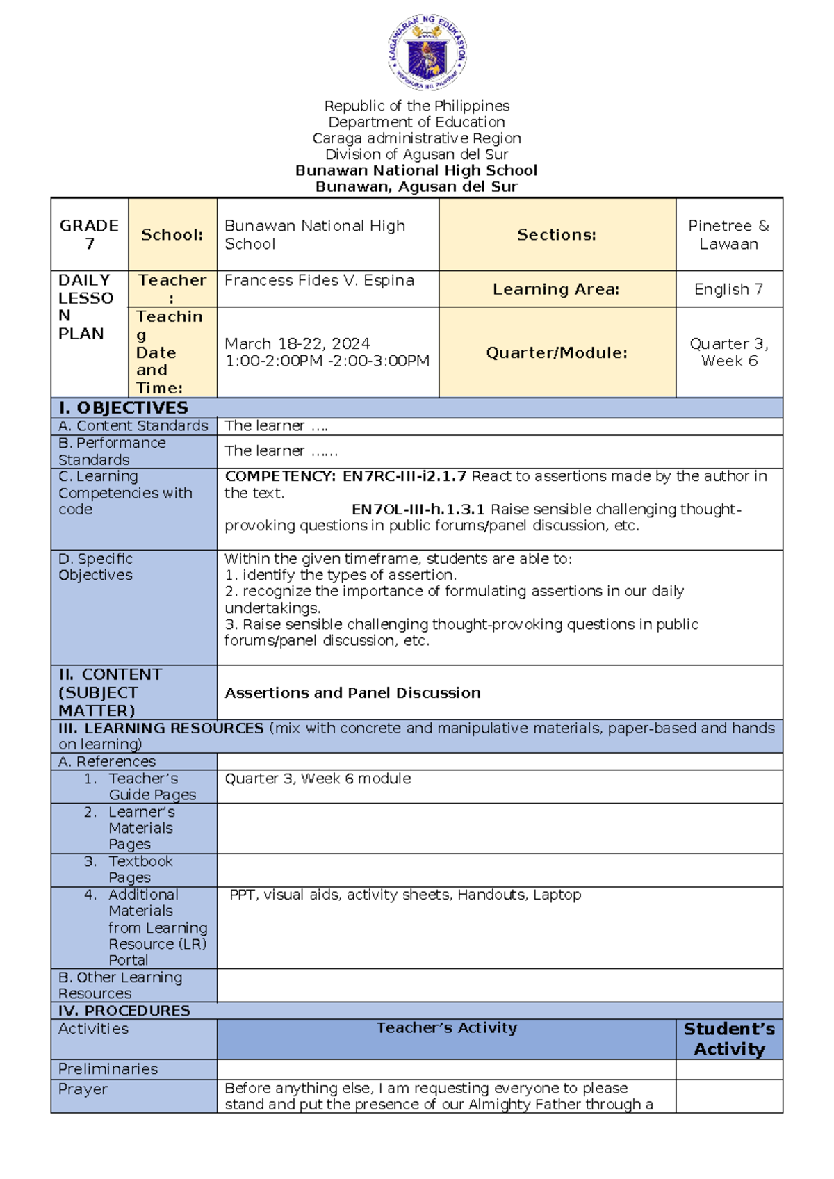 Quarter 3 - WEEK 6 Daily Lesson PLAN IN English - Republic of the ...