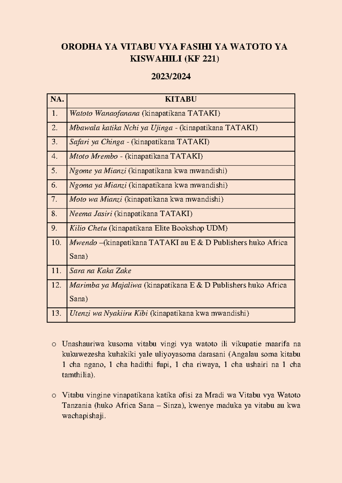 Vitabu VYA Kujisomea - ORODHA YA VITABU VYA FASIHI YA WATOTO YA ...