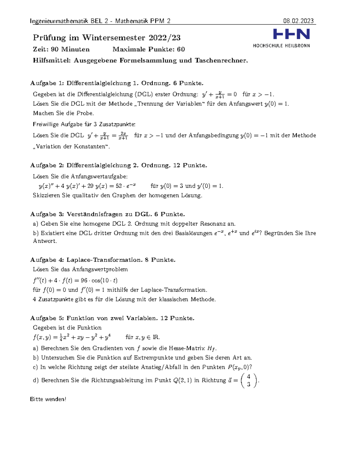 Pruefung WS223 23 Mathe 2 Loesungen - Ingenieurmathematik BEL 2 - Mathematik PPM 2 08. Pr ̈ufung ...