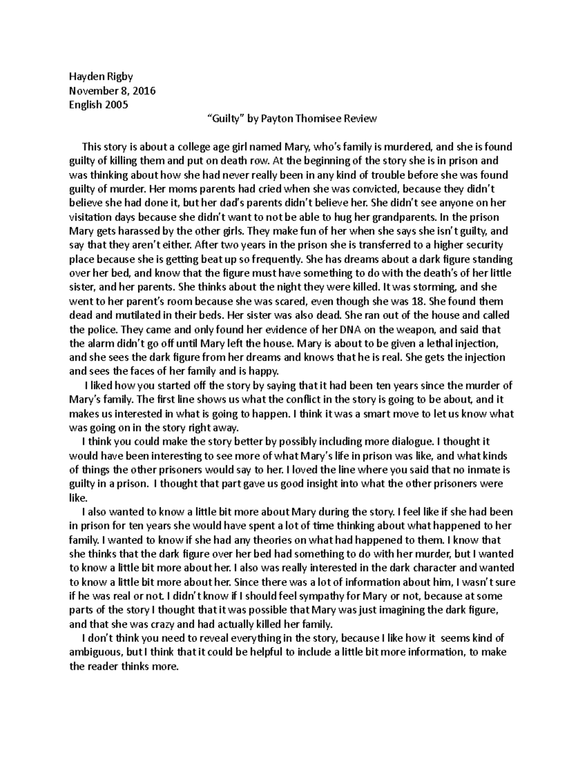 Guilty - summary and analysis - Hayden Rigby November 8, 2016 English ...