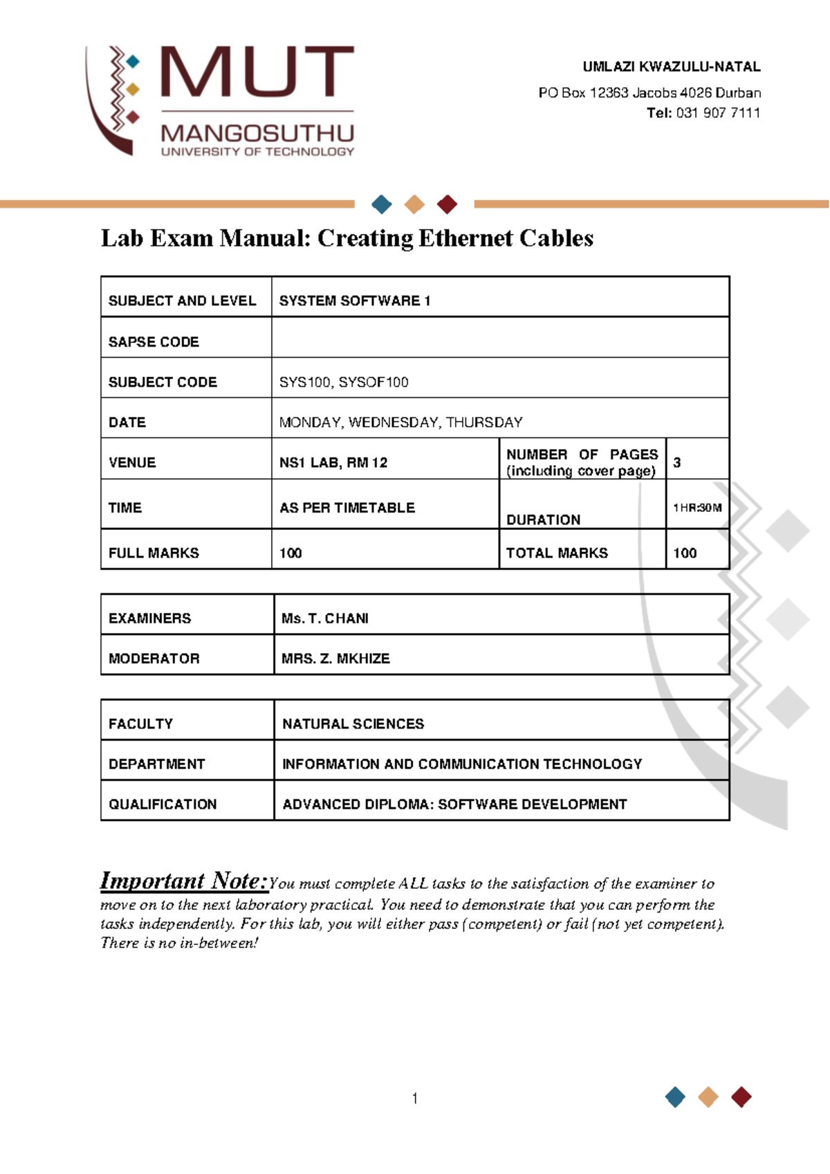 LAB EXAM 1 Creating Ethernet Cables - 1 Lab Exam Manual: Creating ...