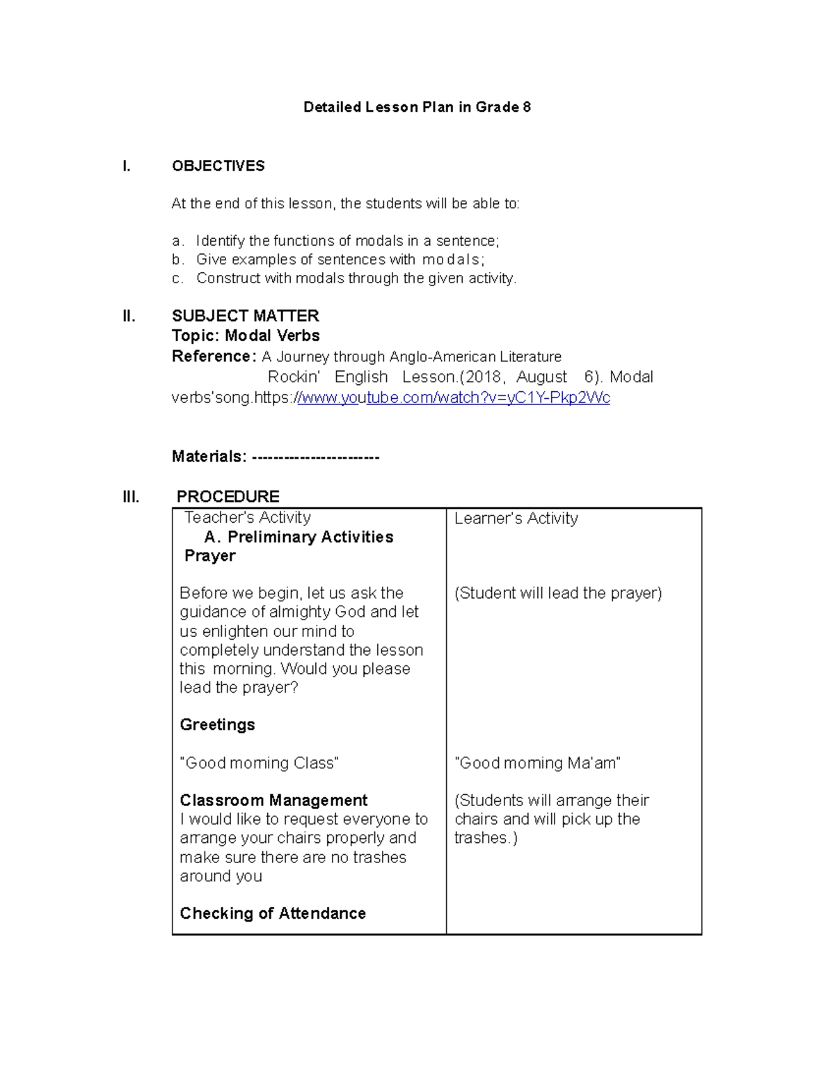 2Modal Verbs - none - Detailed Lesson Plan in Grade 8 I. OBJECTIVES At ...
