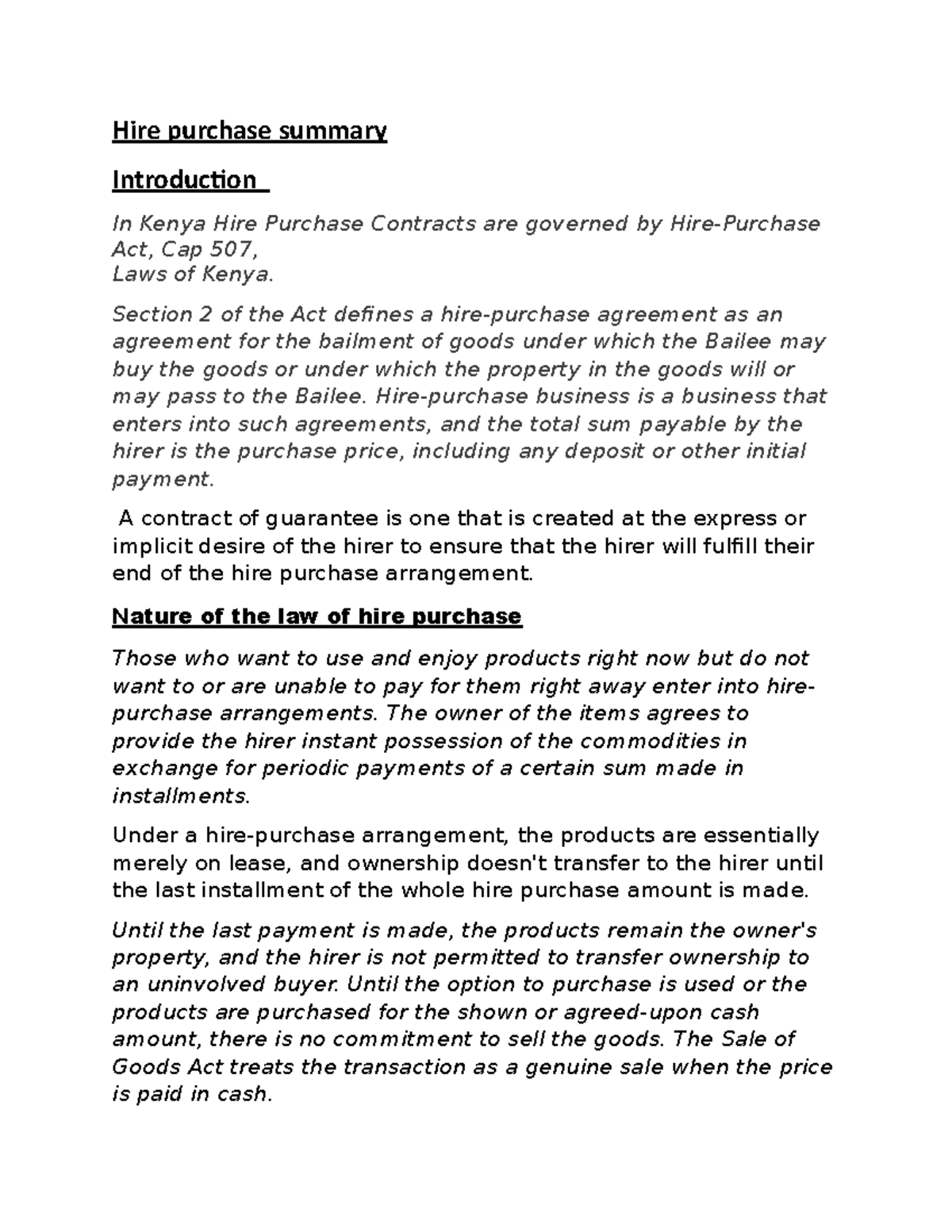 Hire purchase summary - Hire purchase summary Introduction In Kenya ...