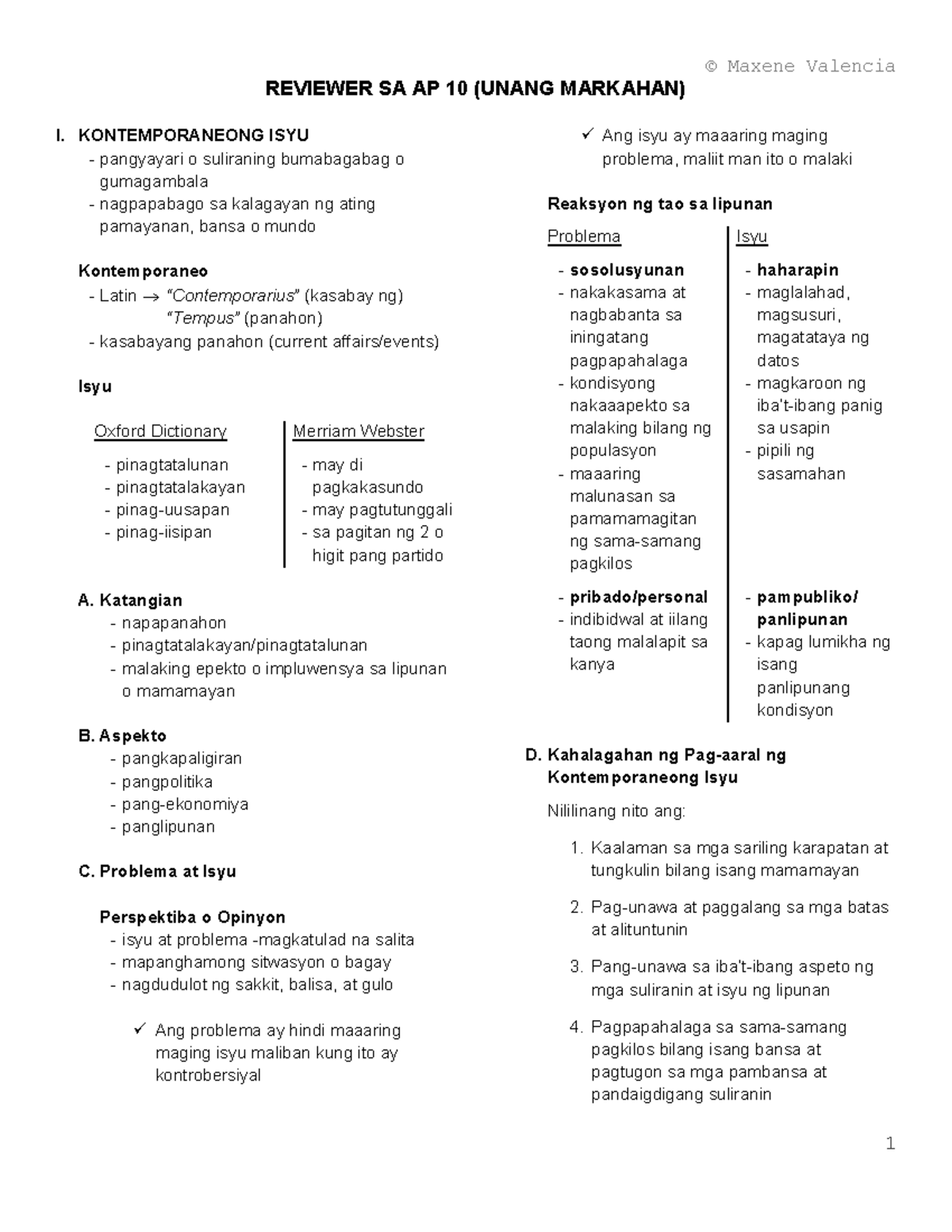 Araling Panlipunan 10 1st Quarter Reviewer - REVIEWER SA AP 10 (UNANG ...