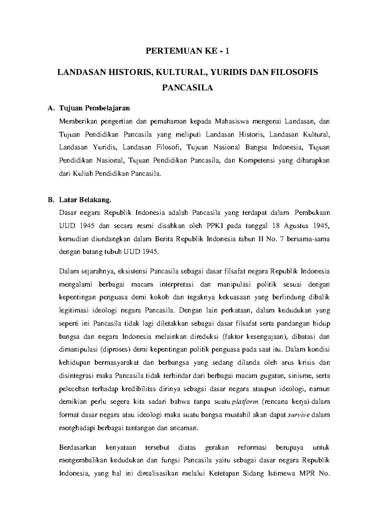 E Learning Pertemuan Ke 1 Landasan Historis Kultural Yuridis Dan Filosofis Pancasila 