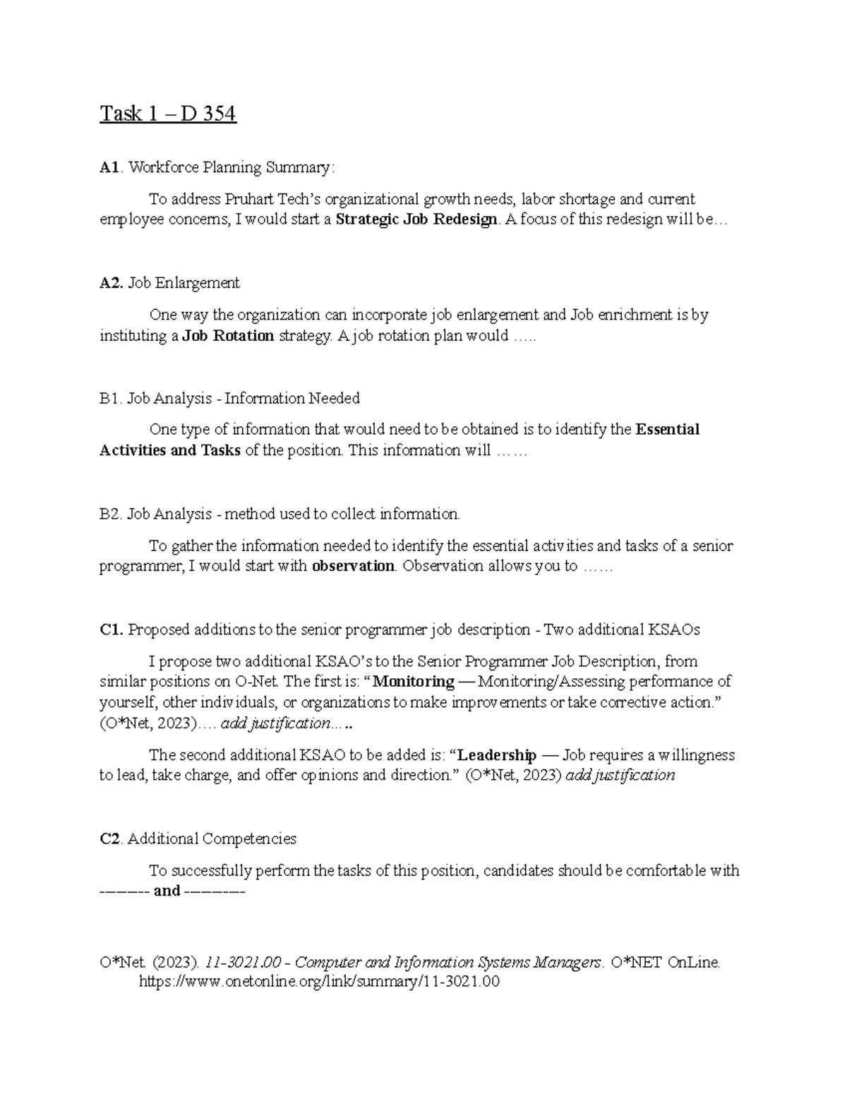 D354 Task 1 outline to get started - Task 1 – D 354 A1. Workforce ...