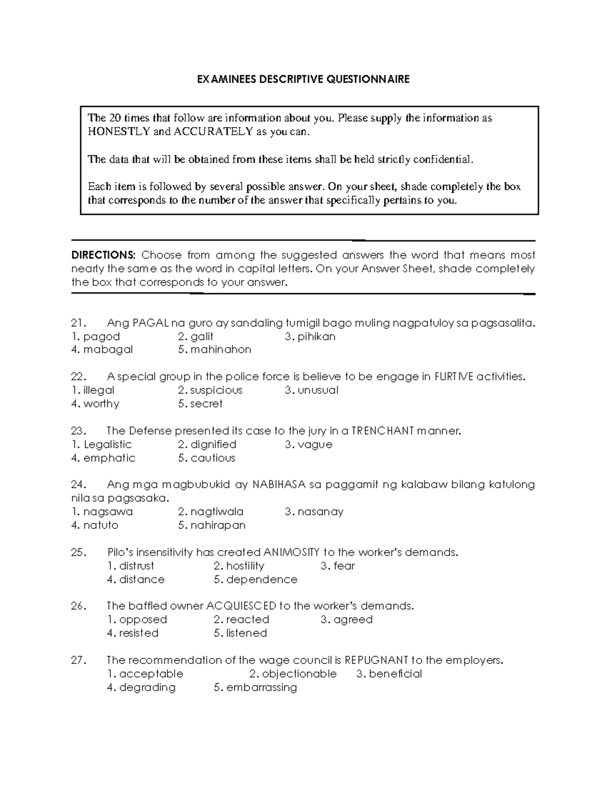 CSC 0 - CSE Reviewer 21-170 - EXAMINEES DESCRIPTIVE QUESTIONNAIRE ...
