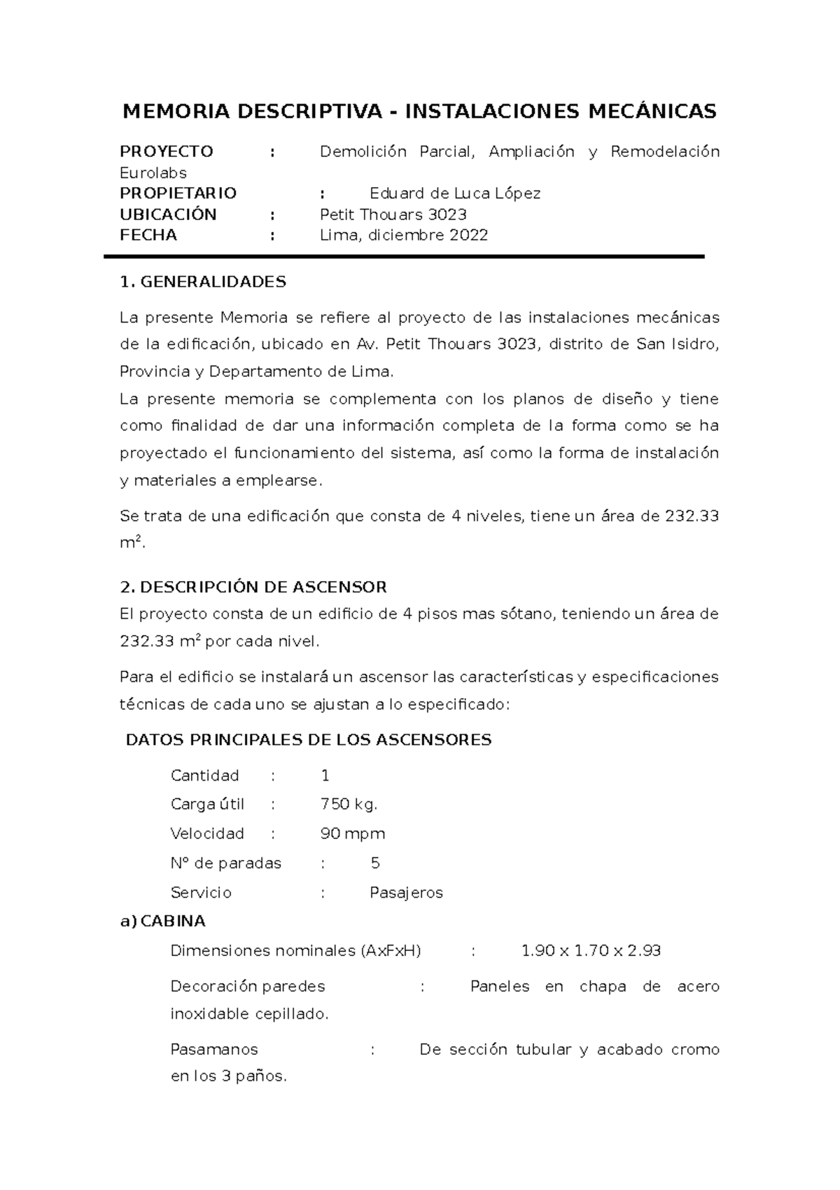 Memoria Descriptiva Instalaciones Mecanicas - MEMORIA DESCRIPTIVA ...