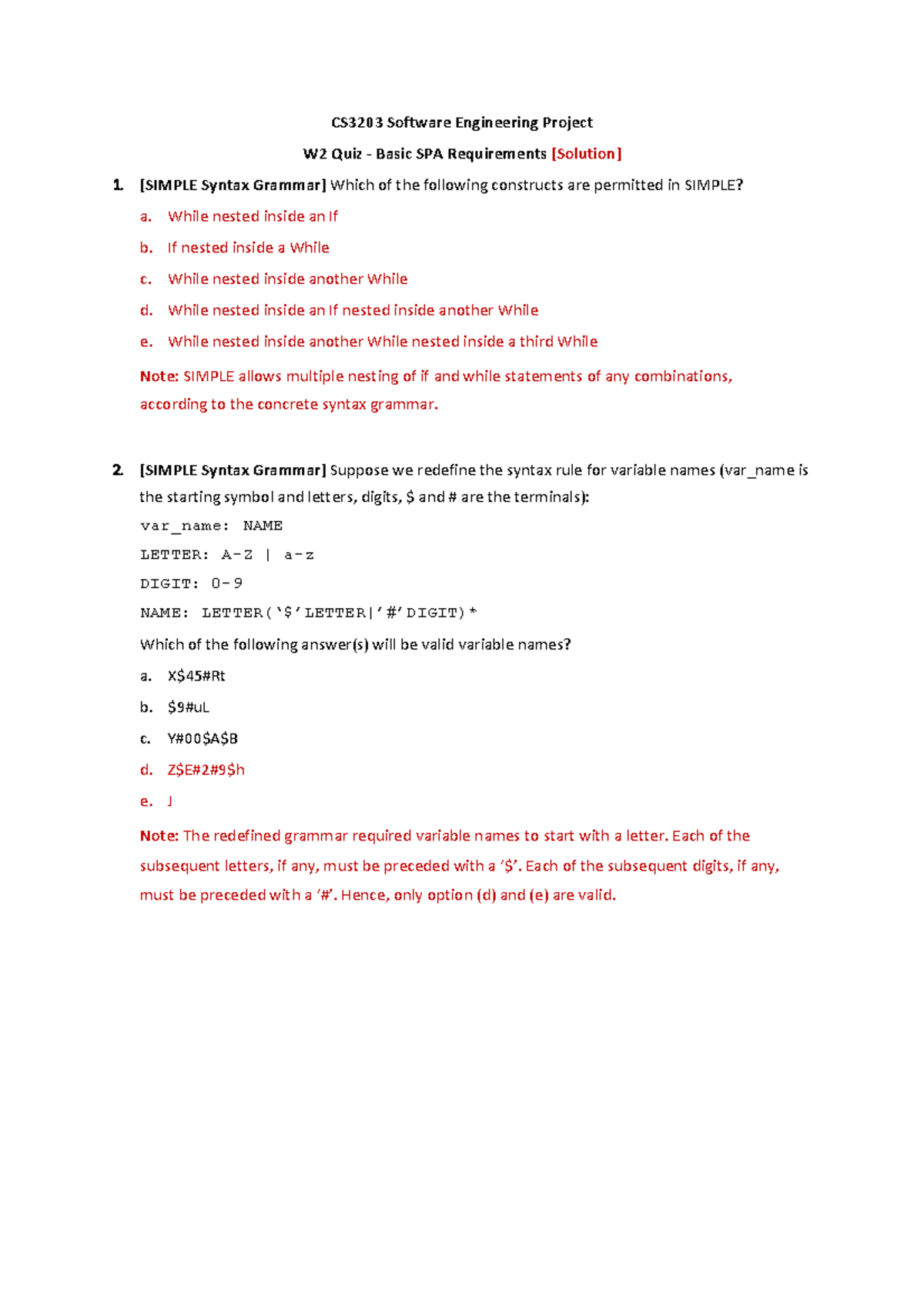 W1Quiz Solutions Part4 Basic SPARequirements - CS3203 Software Engineering Project W2 Quiz ...