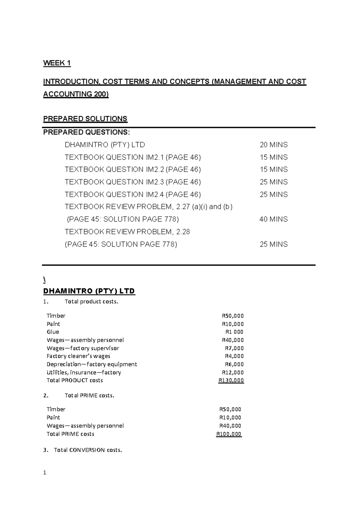 Week 1 Prepared solution 2022 - WEEK 1 INTRODUCTION, COST TERMS AND ...