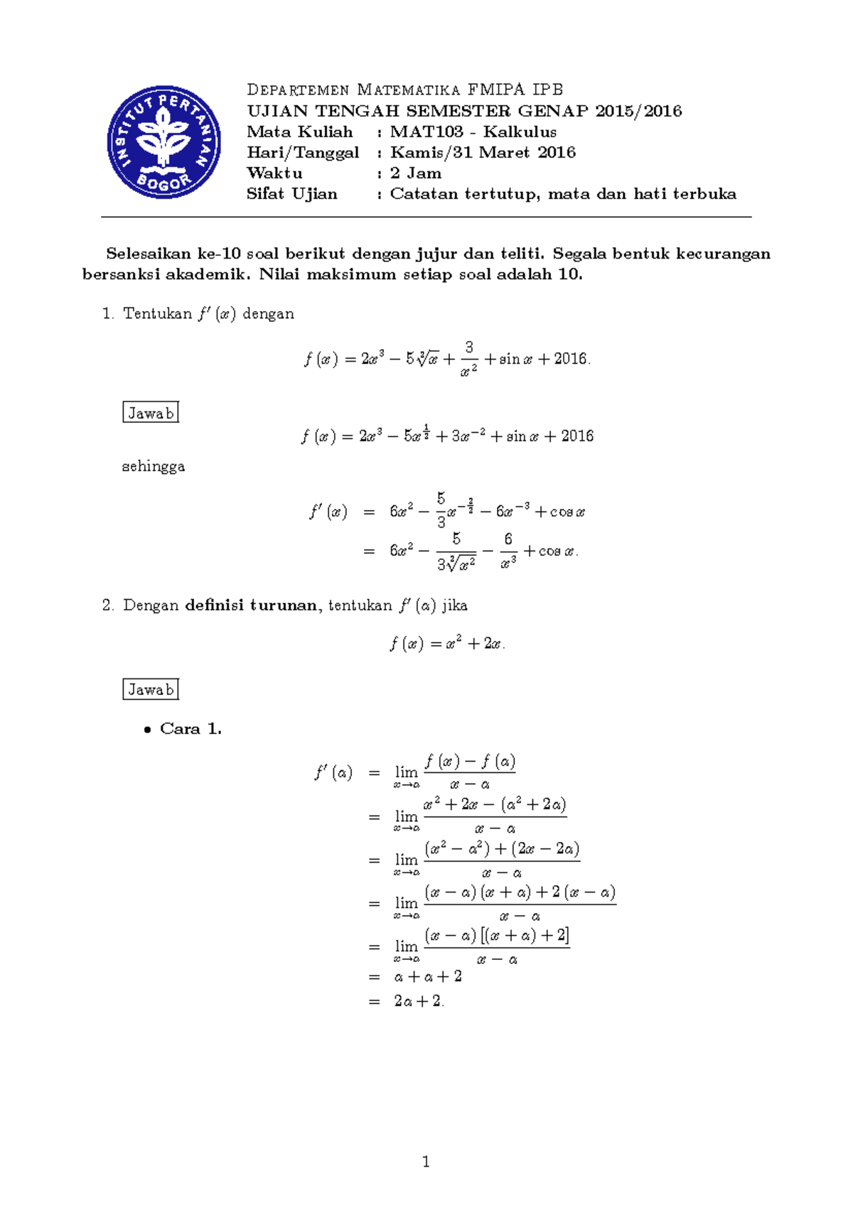 Exam 2016, questions and answers - Departemen Matematika FMIPA IPB ...
