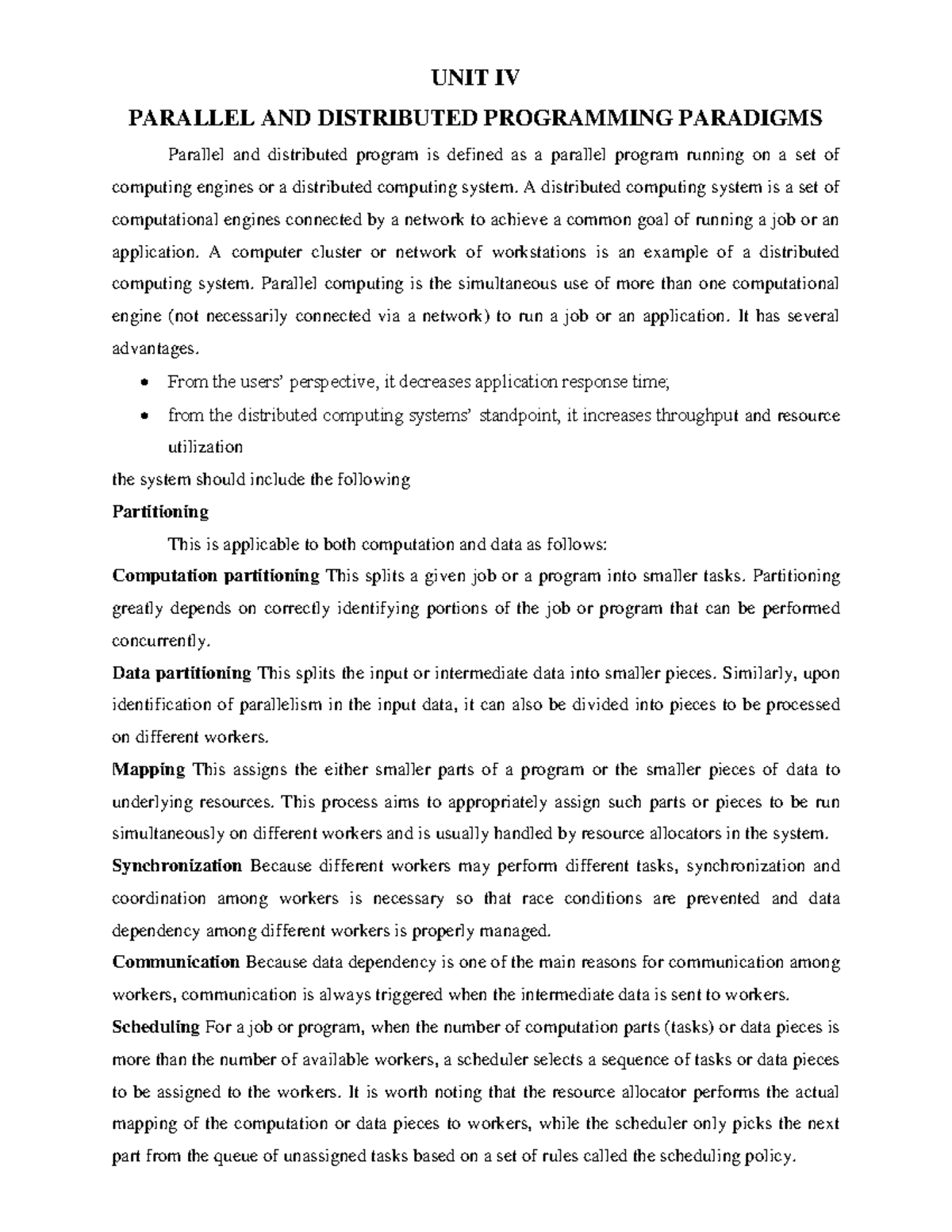 UNIT- IV - Programming Model - UNIT IV PARALLEL AND DISTRIBUTED PROGRAMMING PARADIGMS Parallel ...