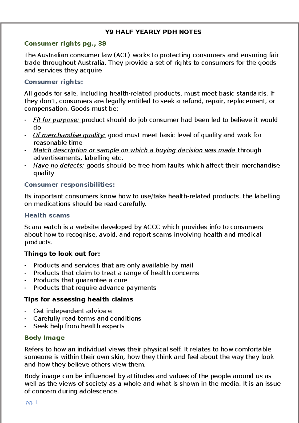 Y9 t2 pdh note copy - efwf - Y9 HALF YEARLY PDH NOTES Consumer rights ...