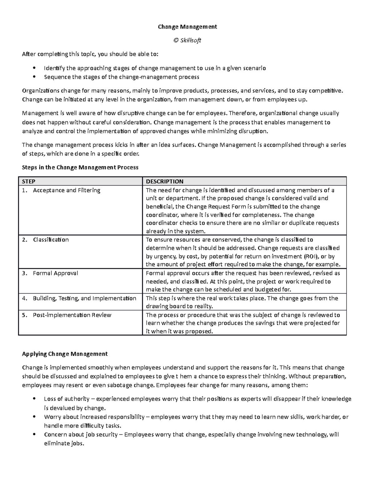 Change Management Notes - Change Management © Skillsof After completing ...