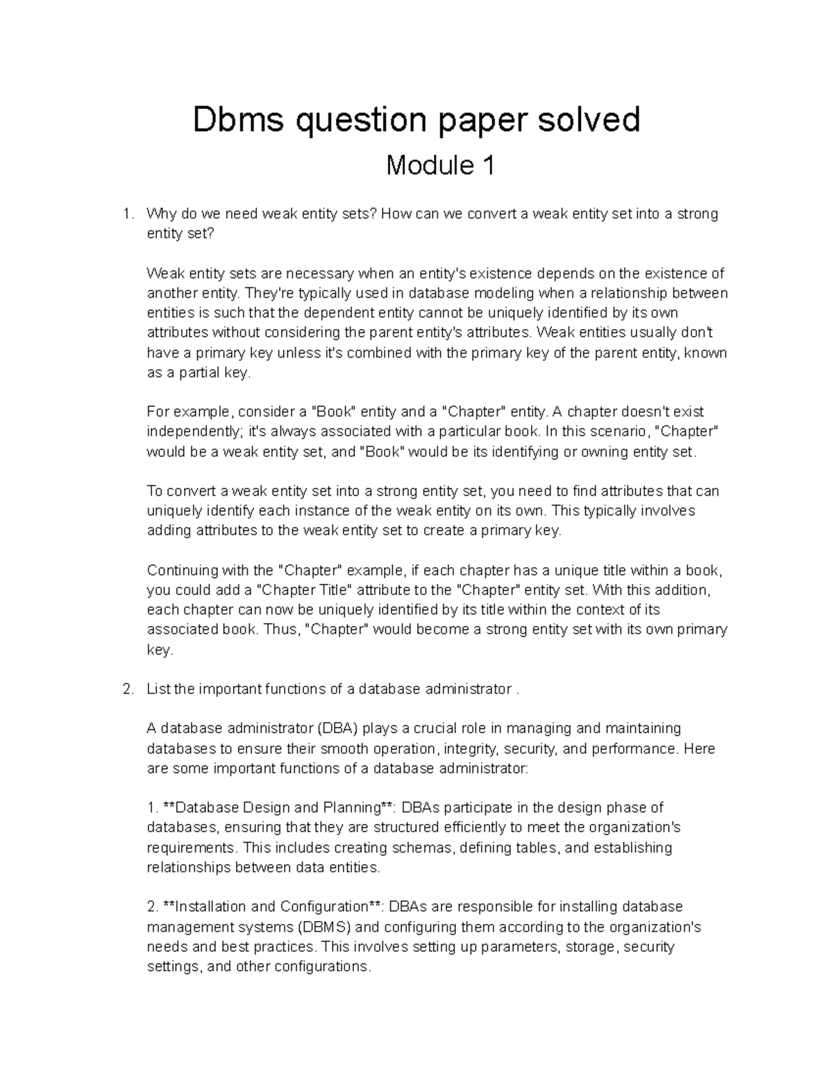 Dbms previous year - Google Docs - Dbms question paper solved Module 1 Why do we need weak ...