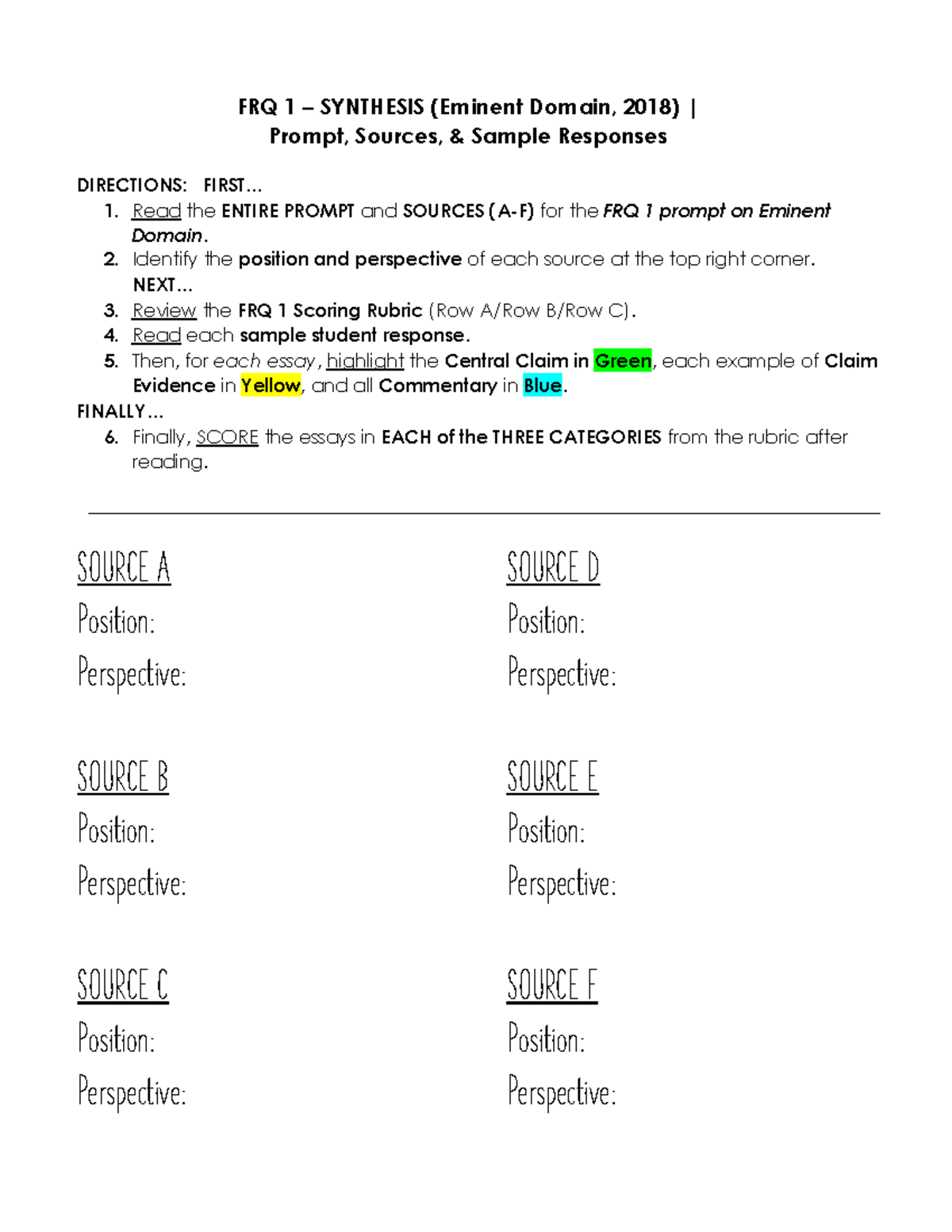 Synthesis Scoring Packet- 23 - FRQ 1 – SYNTHESIS (Eminent Domain, 2018 ...