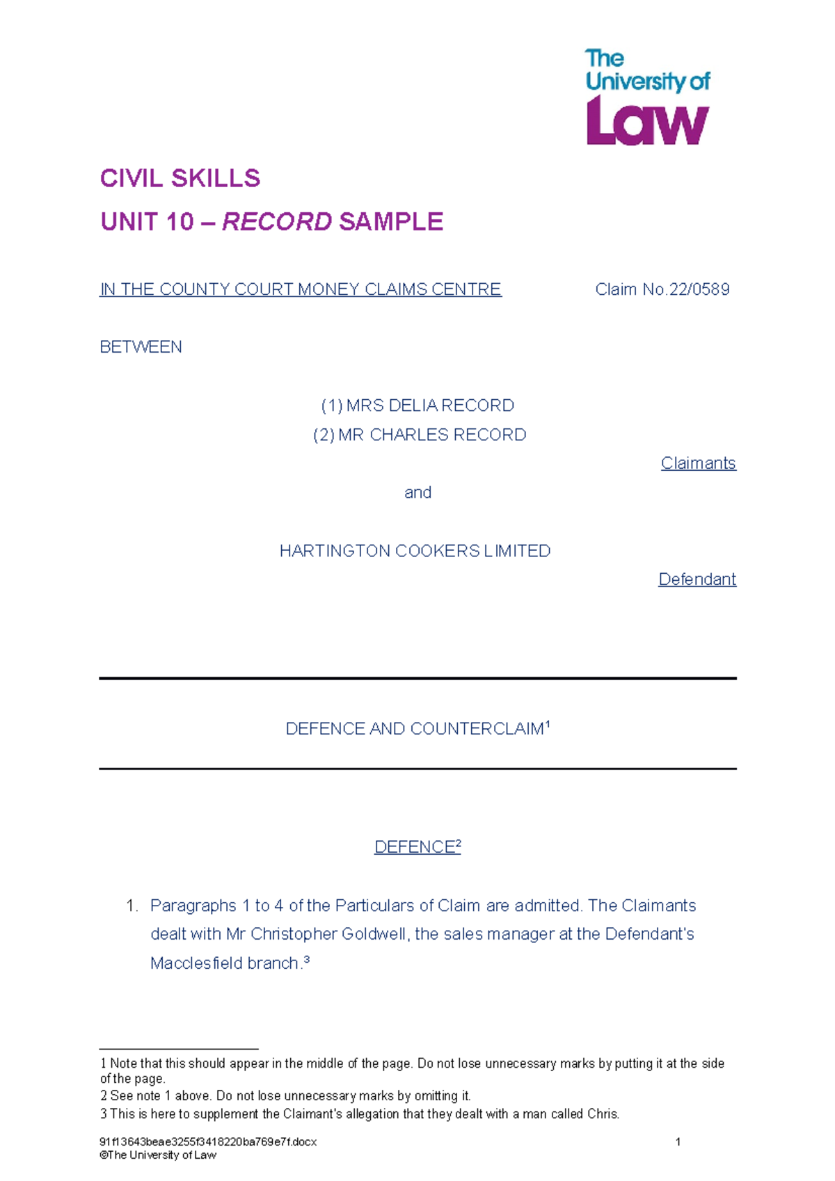 Record Sample - CIVIL SKILLS UNIT 10 – RECORD SAMPLE IN THE COUNTY ...